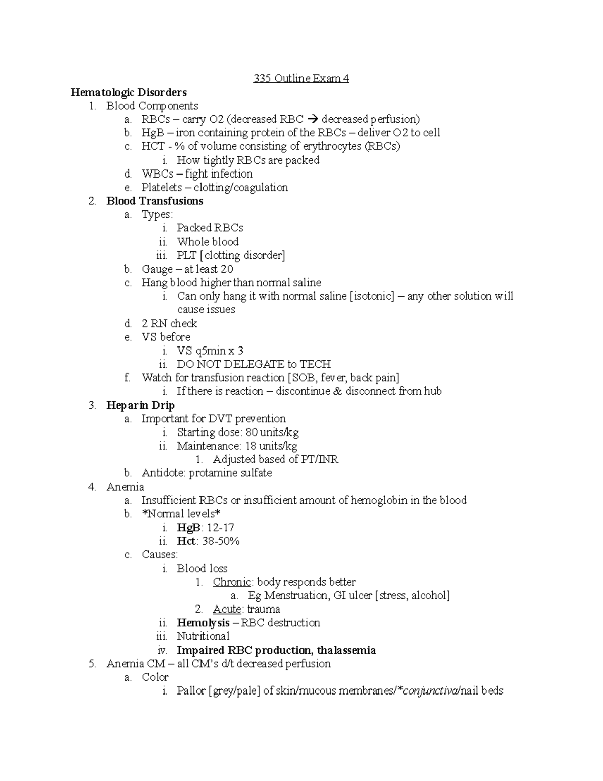 335 Outline Exam 4 - Med surge notes - 335 Outline Exam 4 Hematologic ...