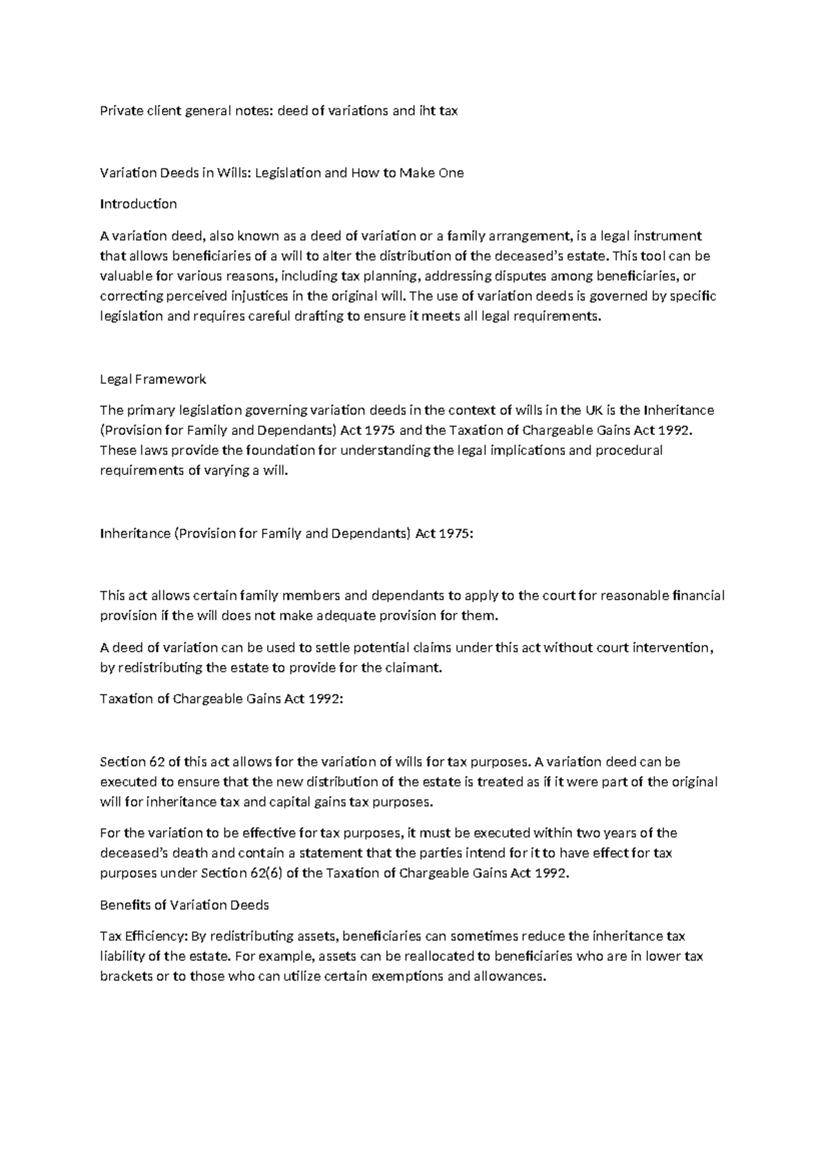Private Client - variation deed - Private client general notes: deed of ...