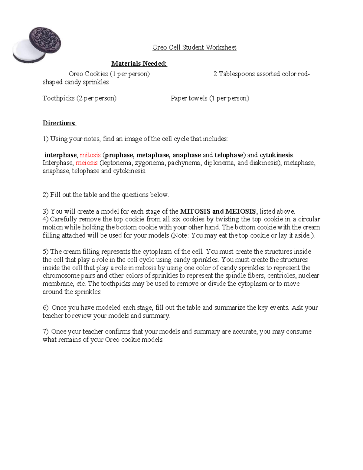 CELL Cycle Activity - Oreo Cell Student Worksheet Materials Needed ...