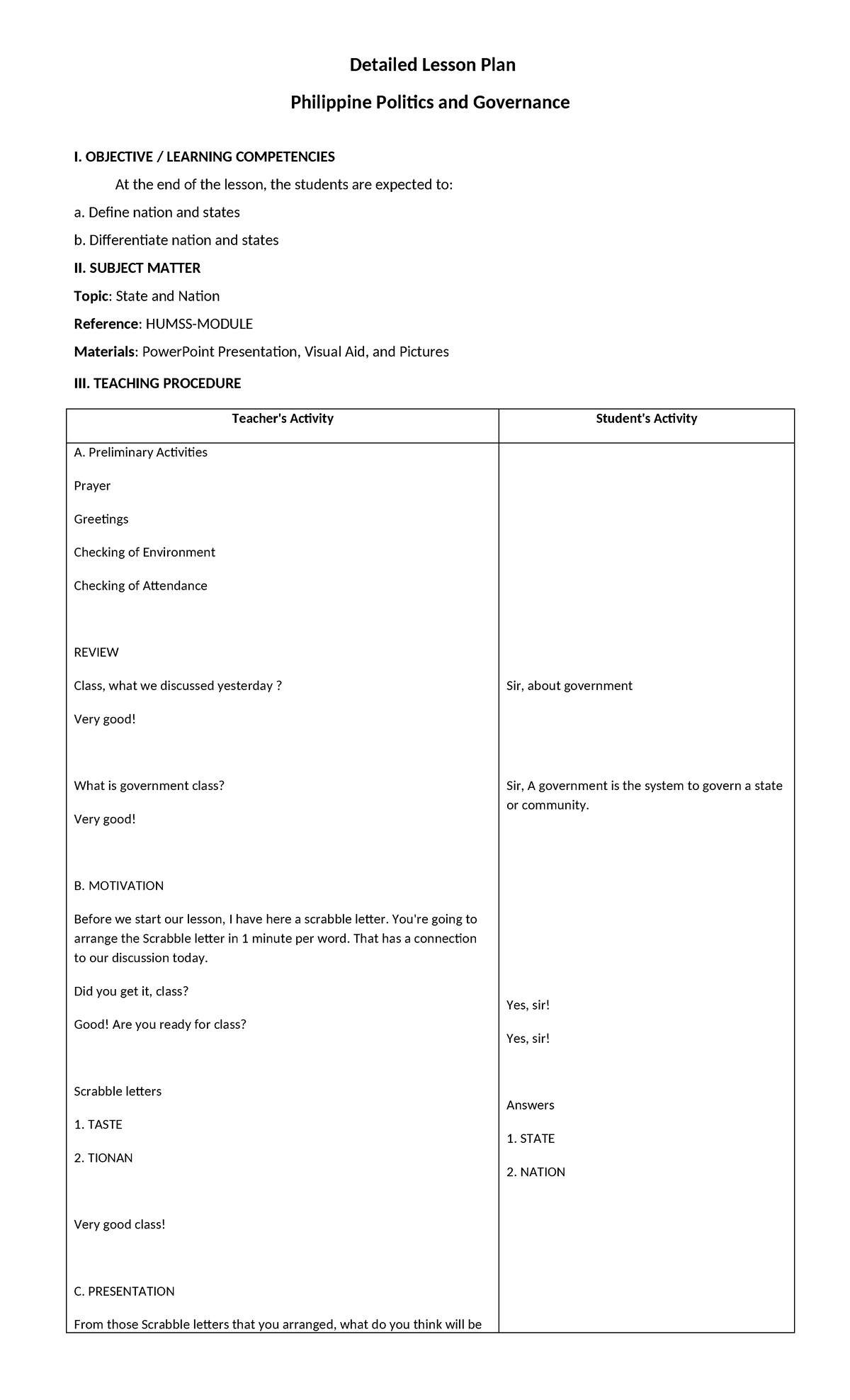 Lesson PLAN DEMO - Notes - Detailed Lesson Plan Philippine Politics and ...