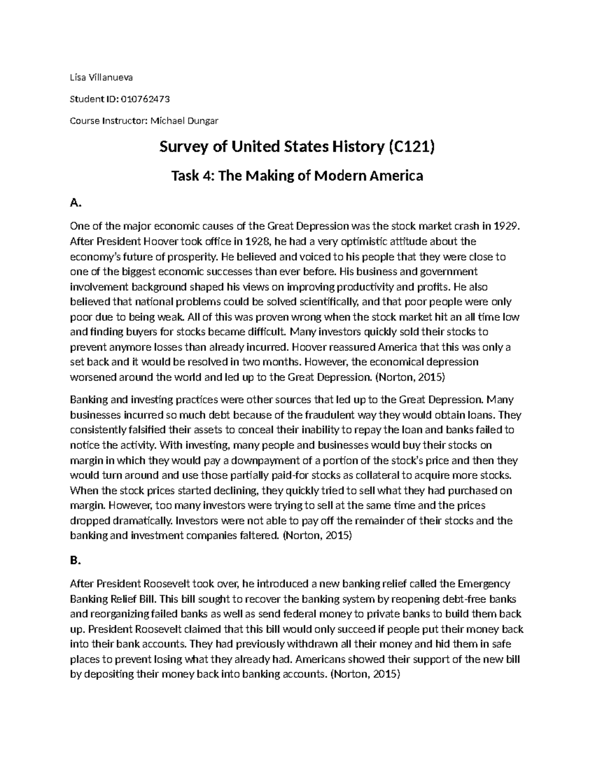 C121 Task 4 - The Making of Modern America - Lisa Villanueva Student ID ...