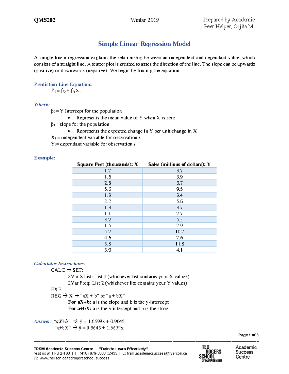 TRSM-ASC W19 QMS202 Tips Simple-Linear-Multiple-Regression - QMS202 Winter 2019 Prepared by ...