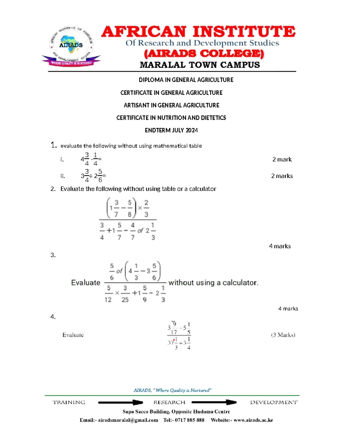 Mathematics - DIPLOMA IN GENERAL AGRICULTURE CERTIFICATE IN GENERAL ...