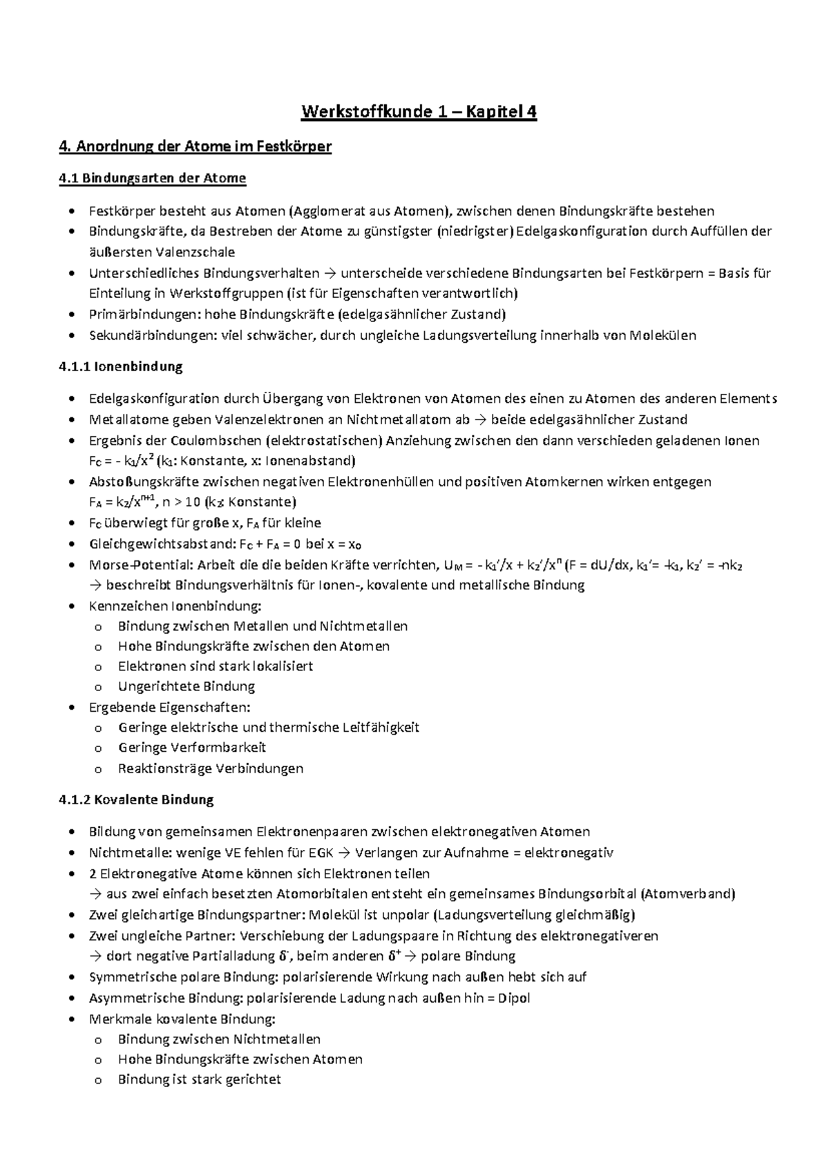 Werkstoffkunde 1 Zusammenfassung Kapitel 4/11 - Werkstoffkunde 1 – Kapitel 4 4. Anordnung der ...