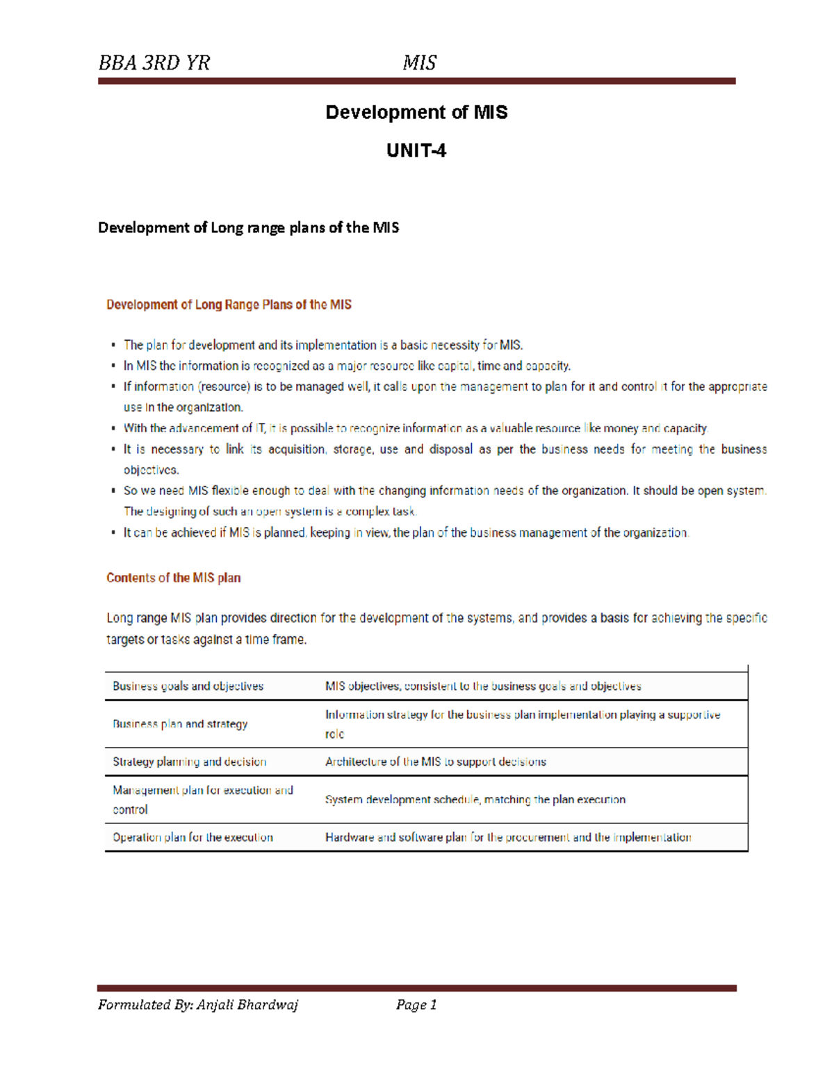 MIS UNIT 4 - Development of Long range plans of the MIS 2 Ascertaining ...