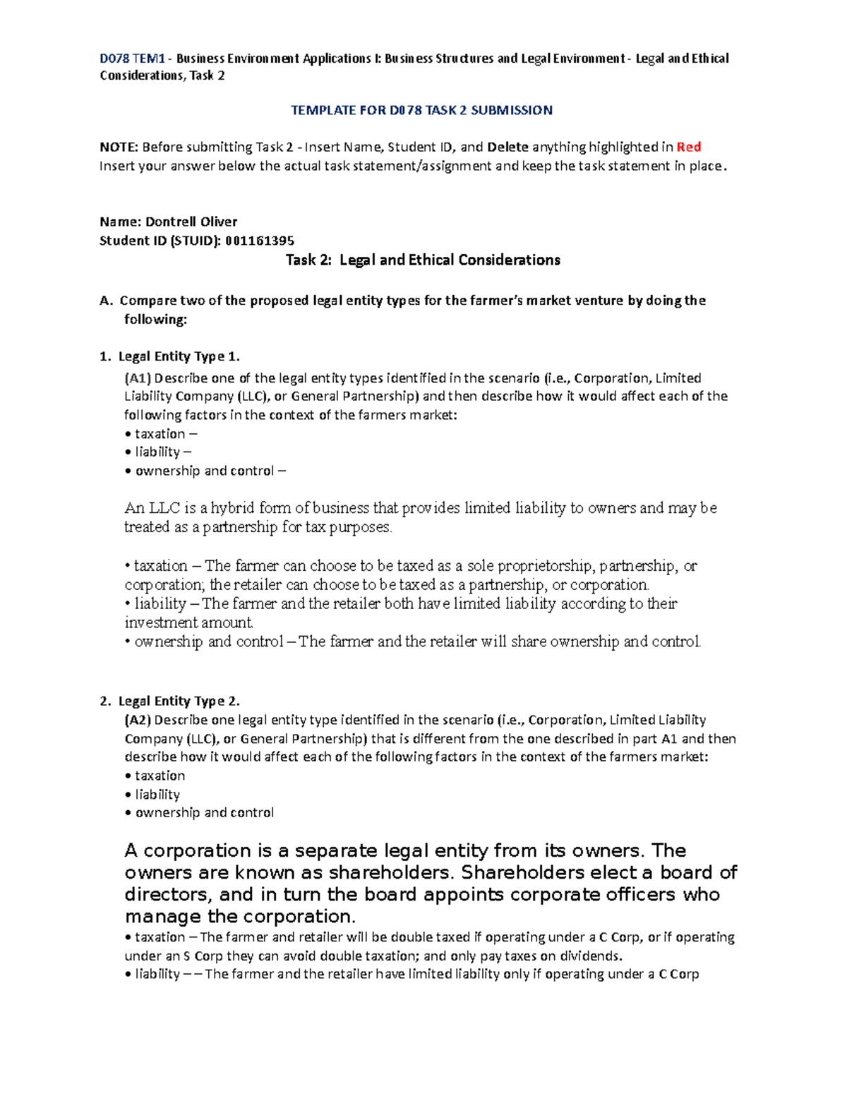 D078 Task 2 - Submission of task 2 - D078 TEM1 - Business Environment ...
