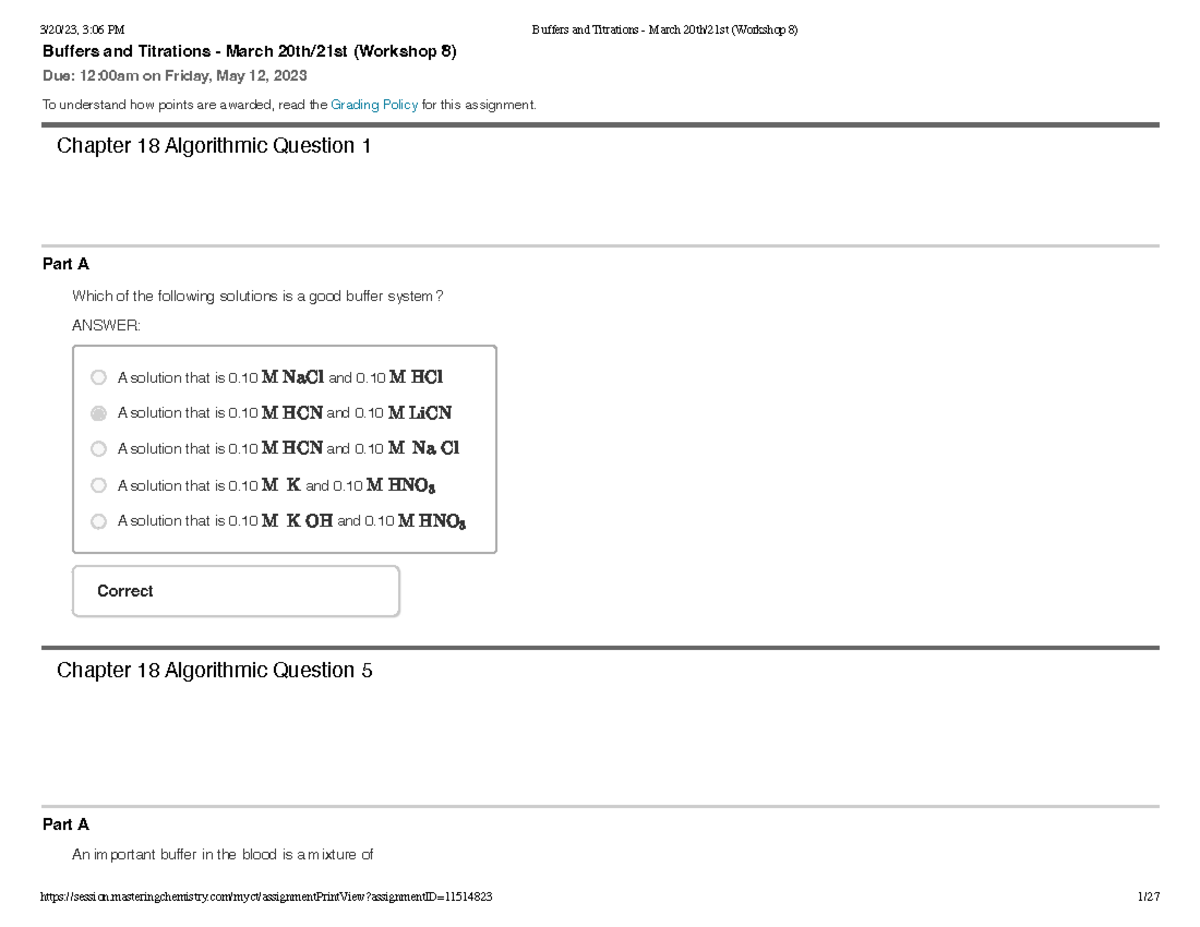 Buffers and Titrations - March 20th 21st (Workshop 8) - Chapter 18 Algorithmic Question 1 Part A ...