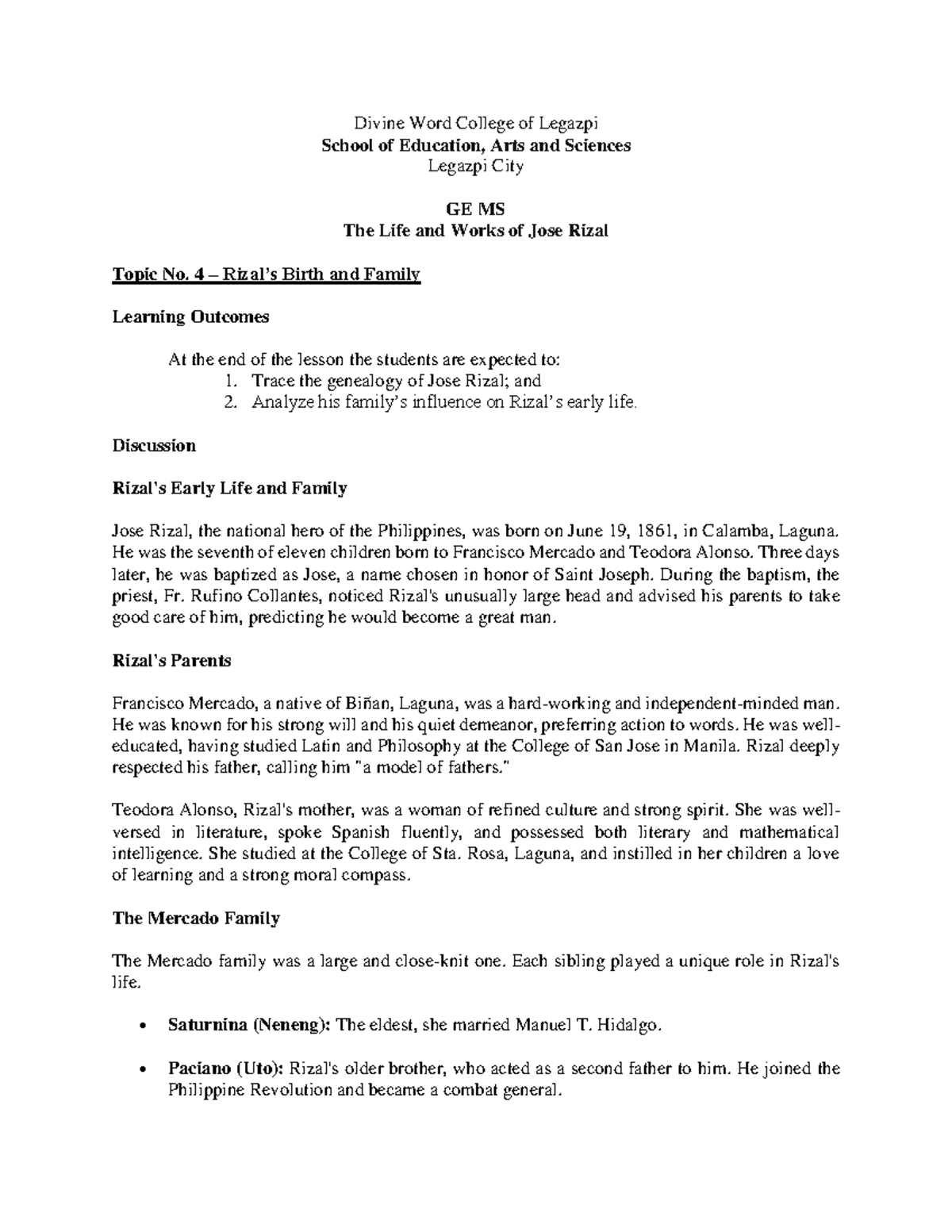 Education of Rizal - Divine Word College of Legazpi School of Education ...