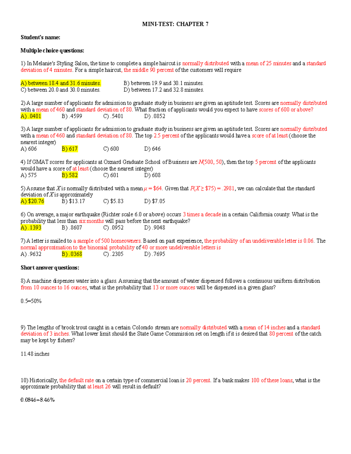 Chap 7 class 1 quizz statistics for business - MINI-TEST: CHAPTER 7 ...