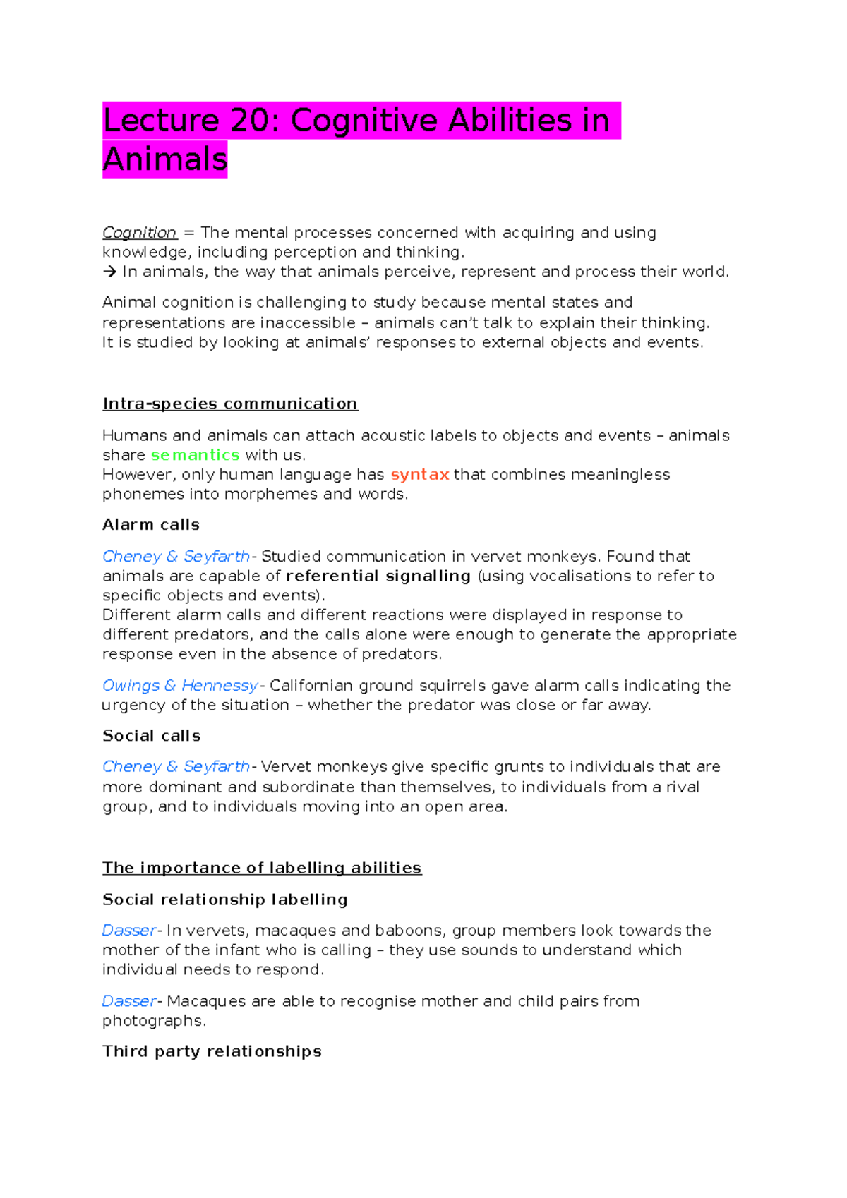 Lecture 20- Cognitive Abilities in Animals - Lecture 20: Cognitive ...
