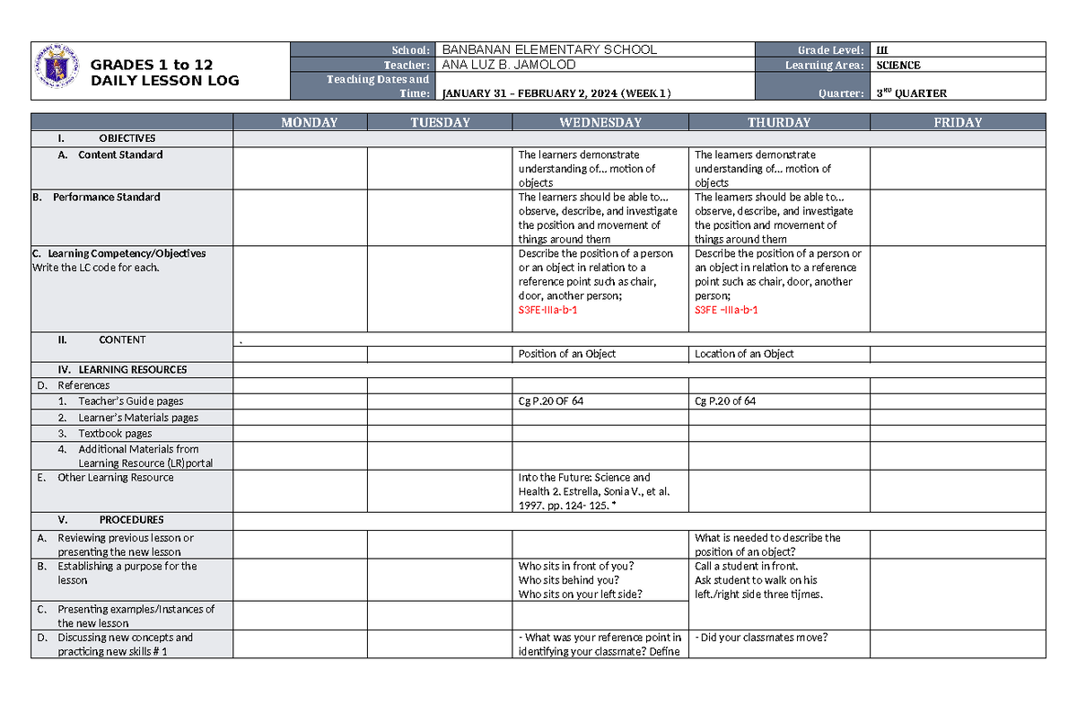 DLL Science 3 Q3 W1 - pratice materials - GRADES 1 to 12 DAILY LESSON ...