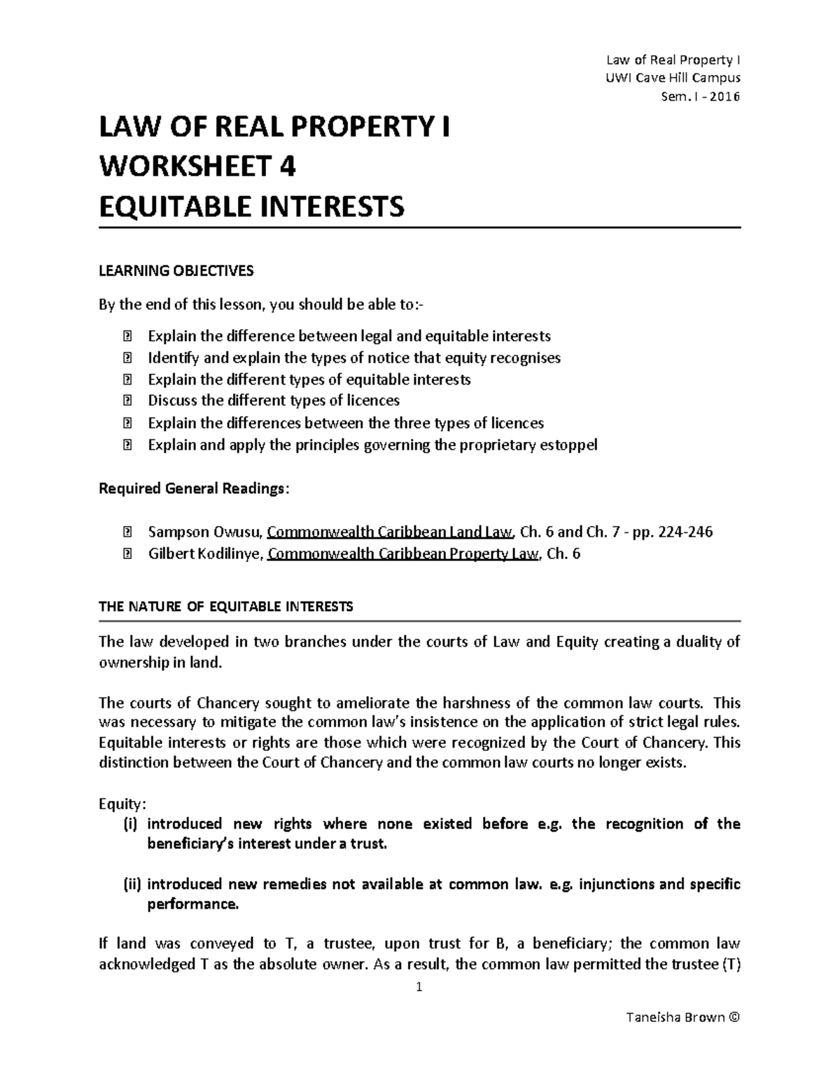 Worksheet 4 - Work - UWI Cave Hill Campus Sem. I - 2016 LAW OF REAL ...