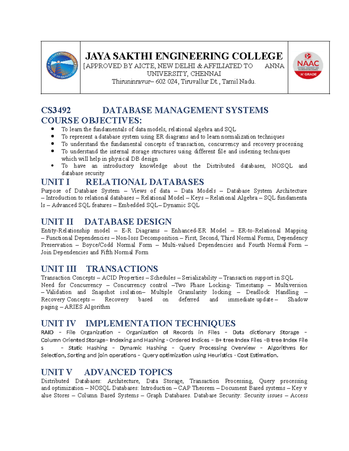 Cs3492 Databasemanagementsystemsyallabus Regulation 2021forcse