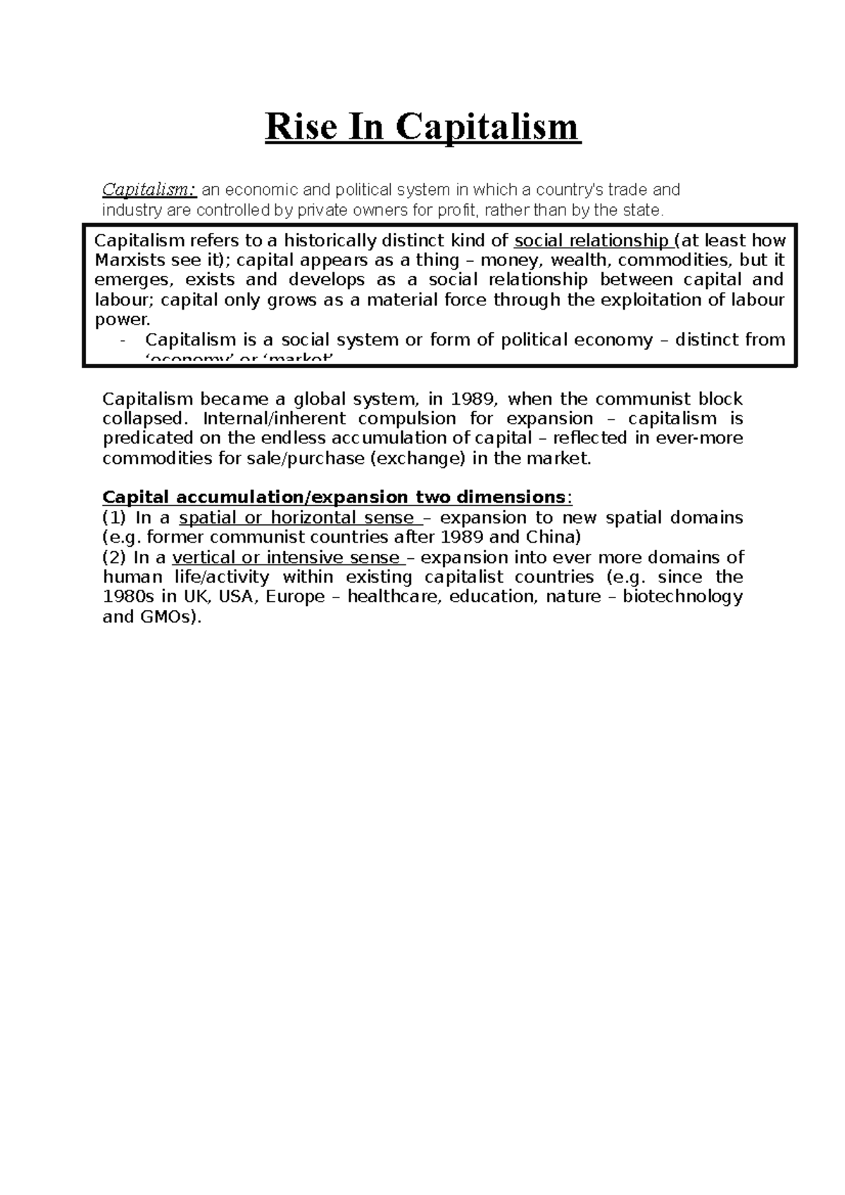 Rise In Capitalism week 8 - Rise In Capitalism Capitalism: an economic ...
