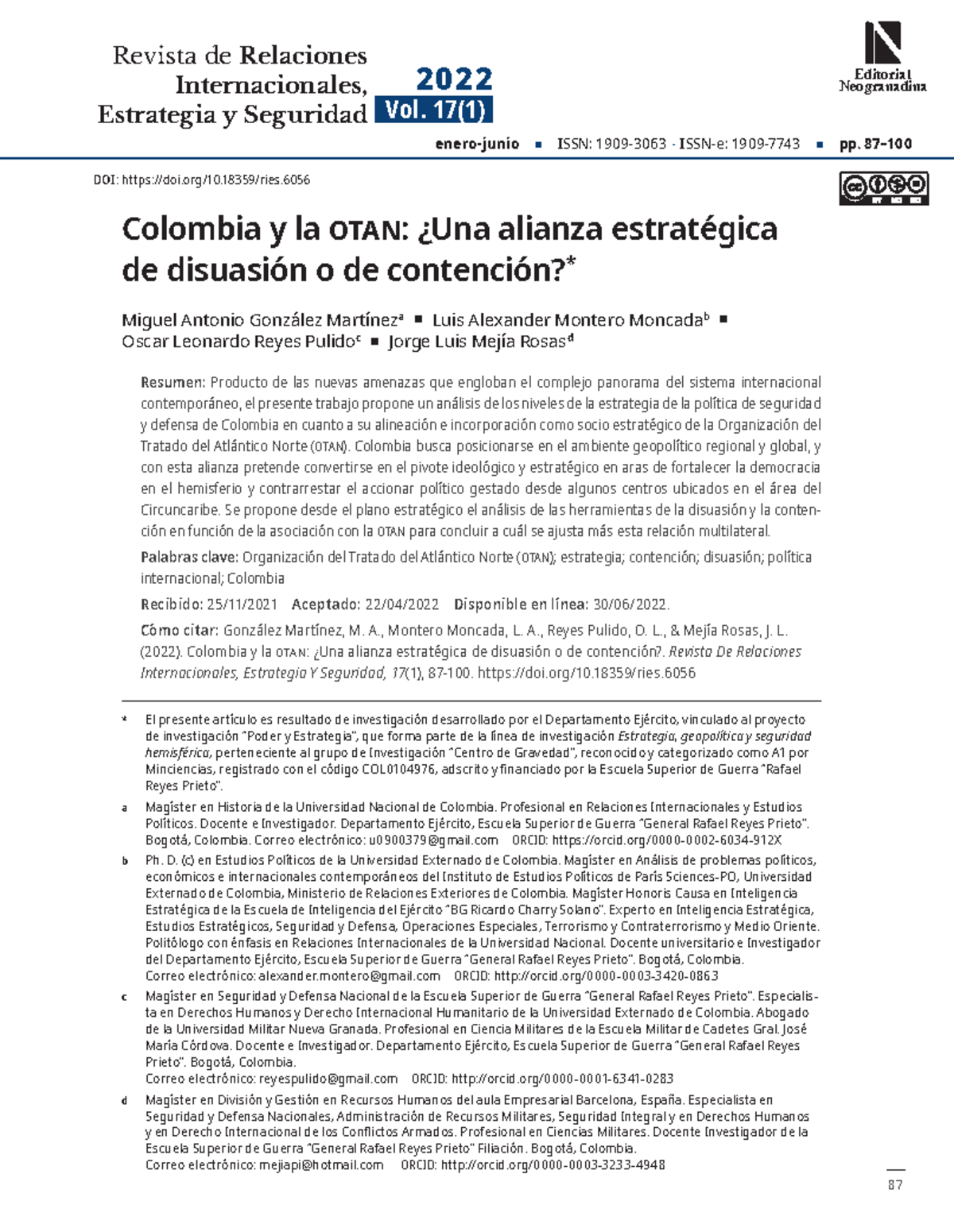 Colombia - Alianzas - 87 Editorial Neogranadina enero-junio ISSN: 1909-3063 ISSN-e: 1909-7743 ...
