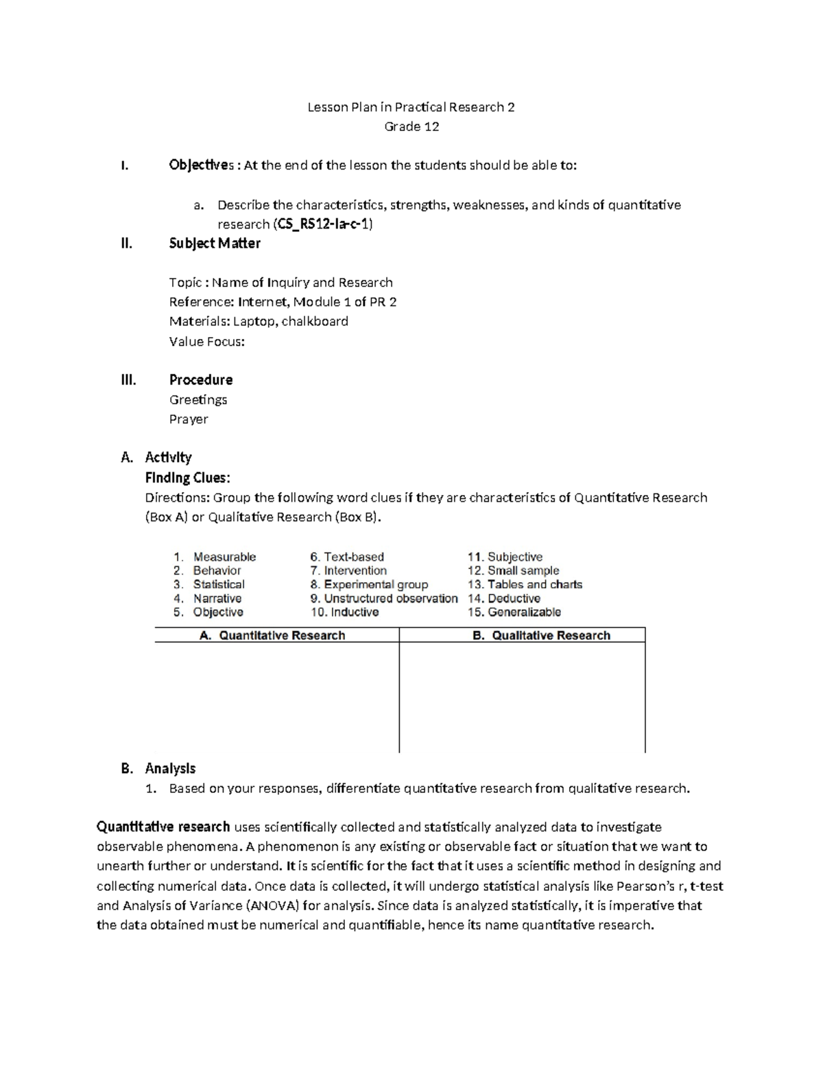 Lesson Plan in PR2 1 - Lesson Plan in Practical Research 2 Grade 12 I ...