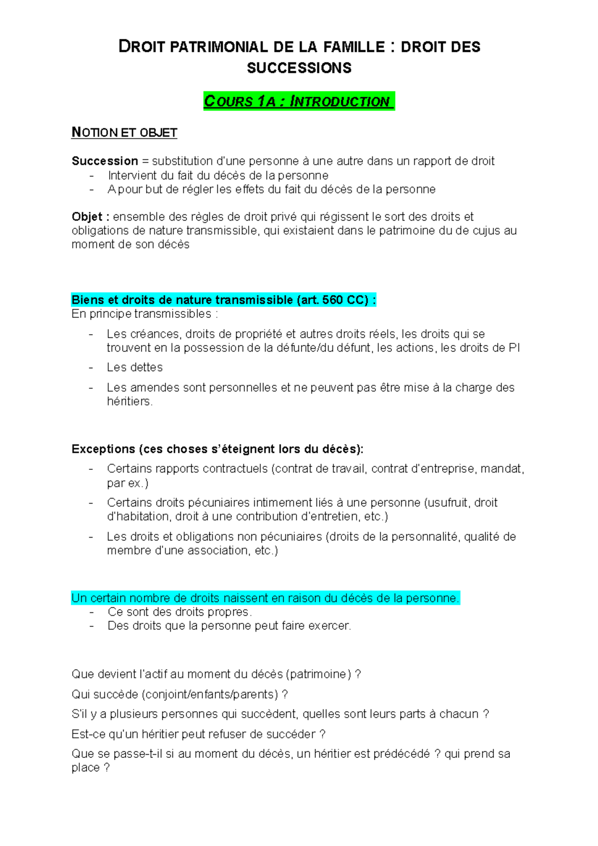 Droit des successions - SUCCESSIONS COURS 1 A : INTRODUCTION NOTION ET ...