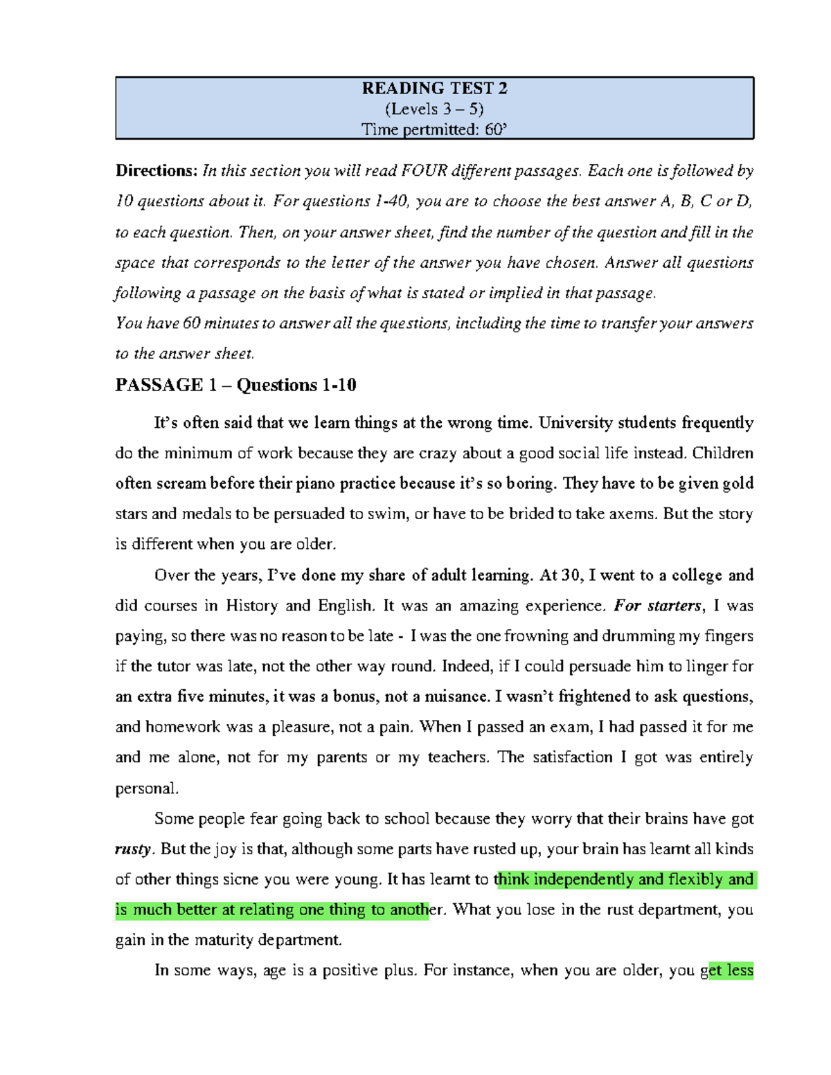 Reading 1 Practice TEST 1 - READING TEST 2 (Levels 3 – 5) Time ...