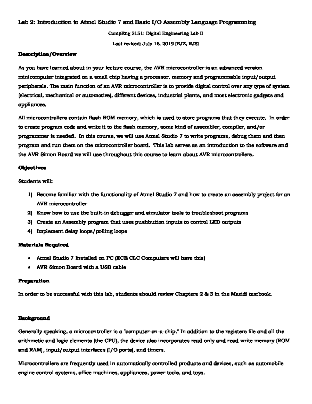 Lab 2 - Intro to ASM Programming - Lab 2: Introduction to Atmel Studio 7 and Basic I/O Assembly ...