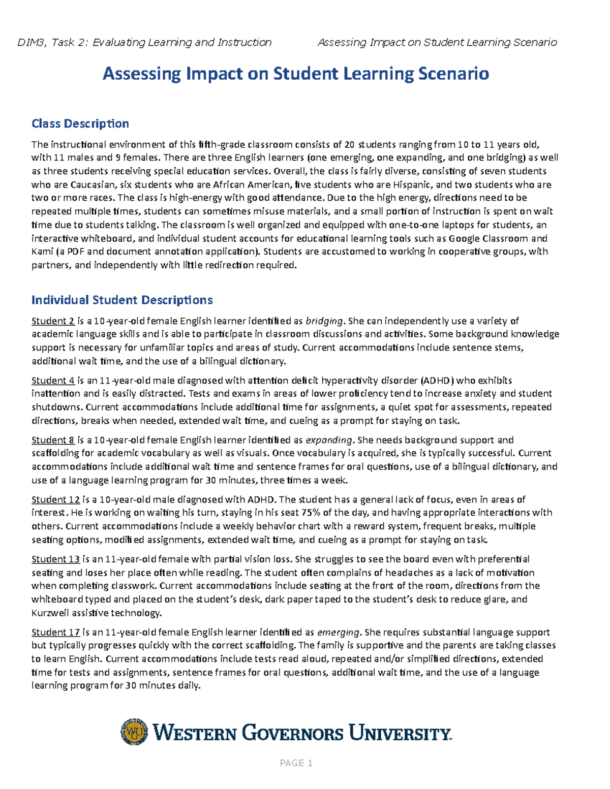 Assessing Impact on Student Learning Scenario - There are three English learners (one emerging ...