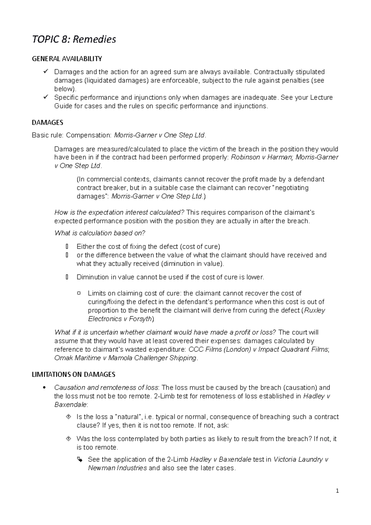 Remedies topic map - TOPIC 8: Remedies GENERAL AVAILABILITY Damages and ...