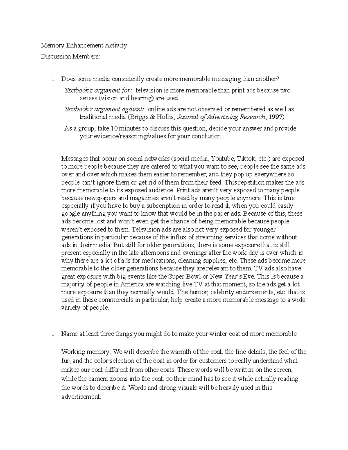 Memory Enhancement Activity - Memory Enhancement Activity Discussion ...