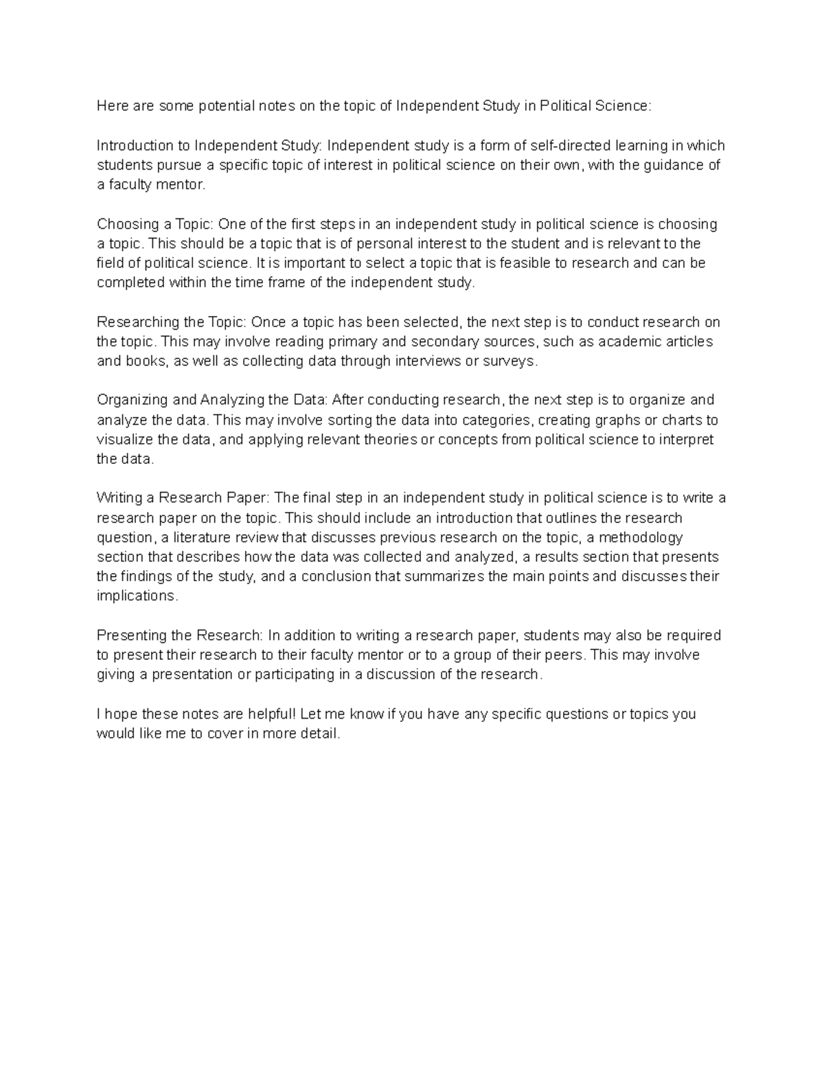 Independent Study in Political Science - Here are some potential notes ...