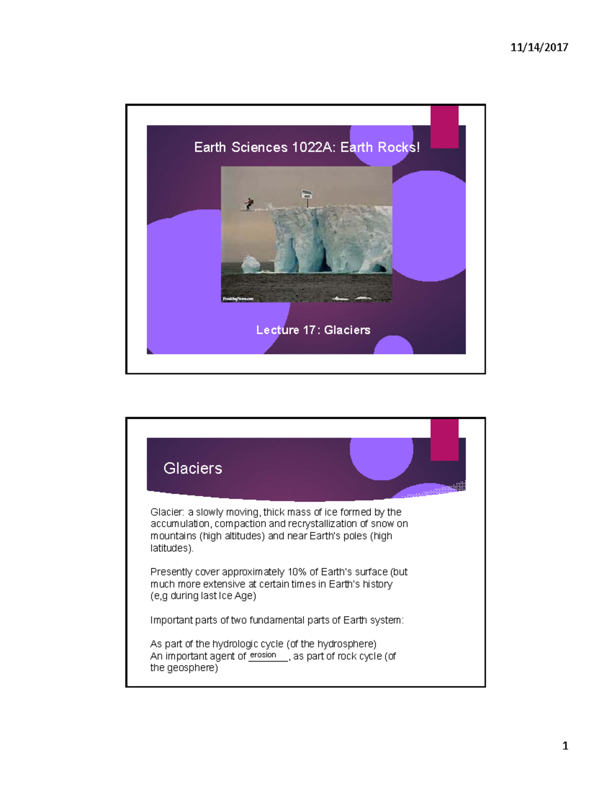 ES 1022 AW12TLec17 Glacierswebpdf - Earth Sciences 1022A: Earth Rocks ...