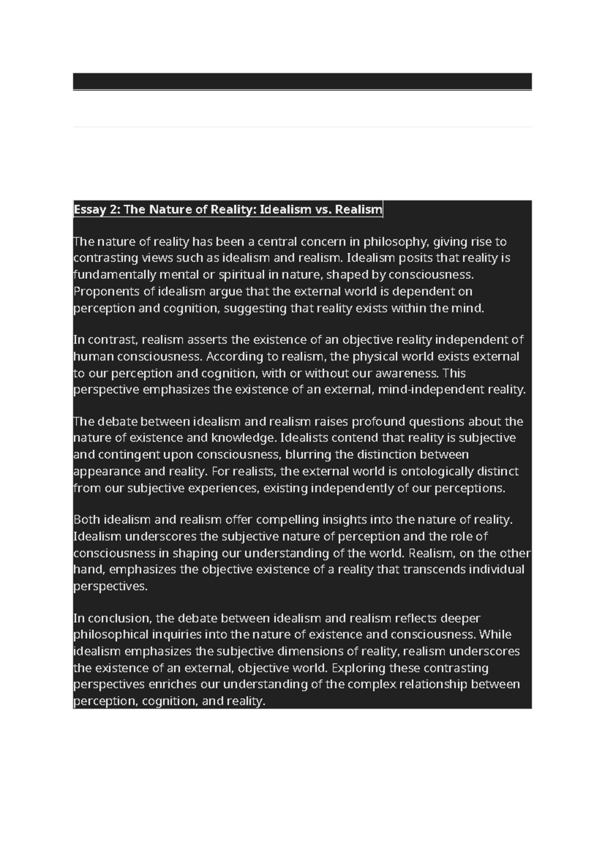 Essay 2 - yoyoyoyo - Essay 2: The Nature of Reality: Idealism vs ...