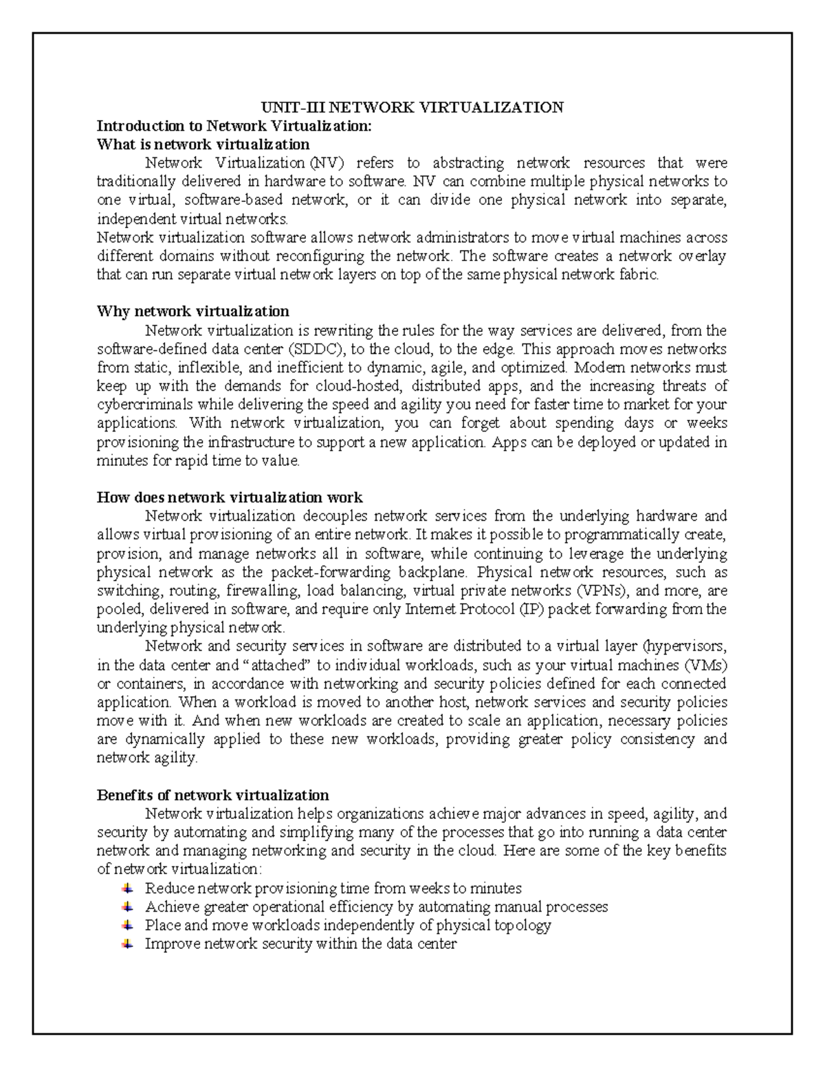 LECT UNIT-3 - ddddddddddddd - UNIT-III NETWORK VIRTUALIZATION Introduction to Network - Studocu