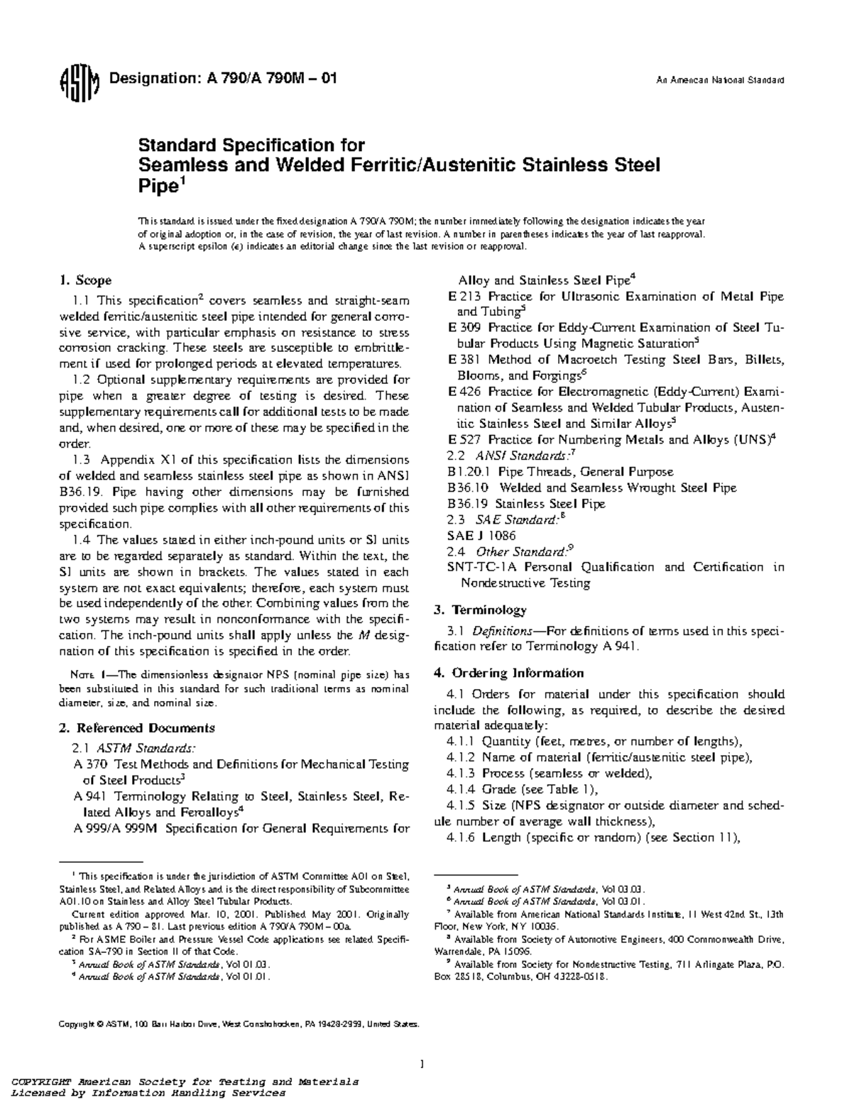 ASTM A790 A790M (2001 ) - For testing of materials - Designation: A 790 ...