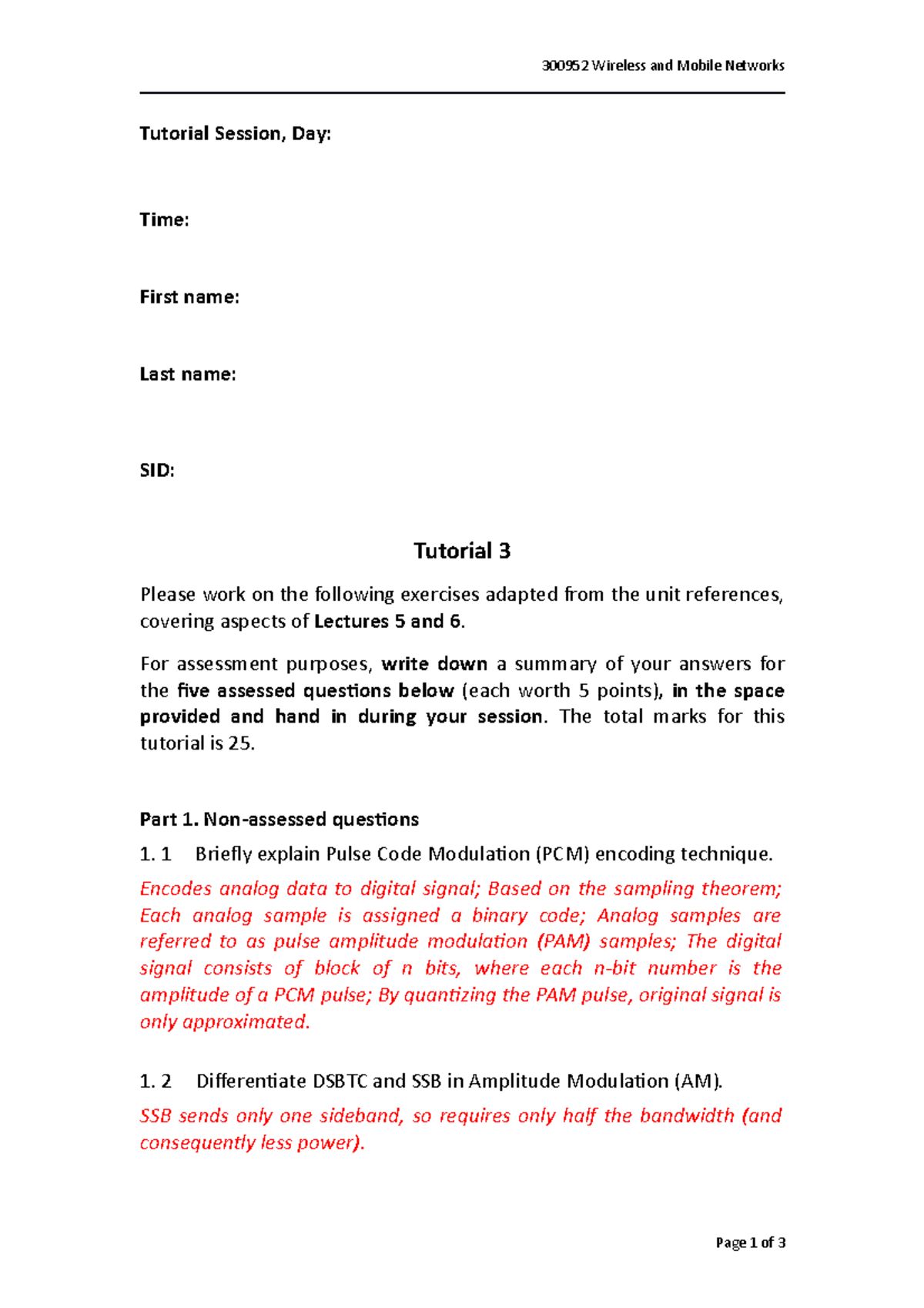 Tutorial 03 sol - 300952 Wireless and Mobile Networks Tutorial Session ...