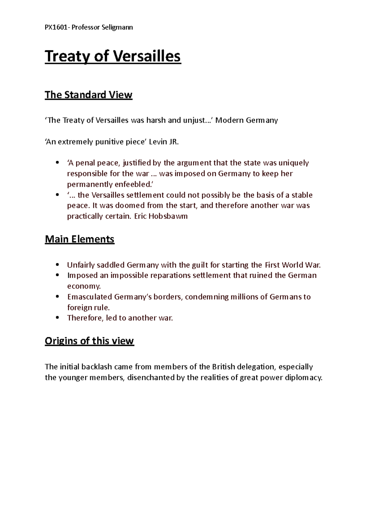 Treaty of Versailles - Lecture notes 6 - Professor Seligmann Treaty of ...