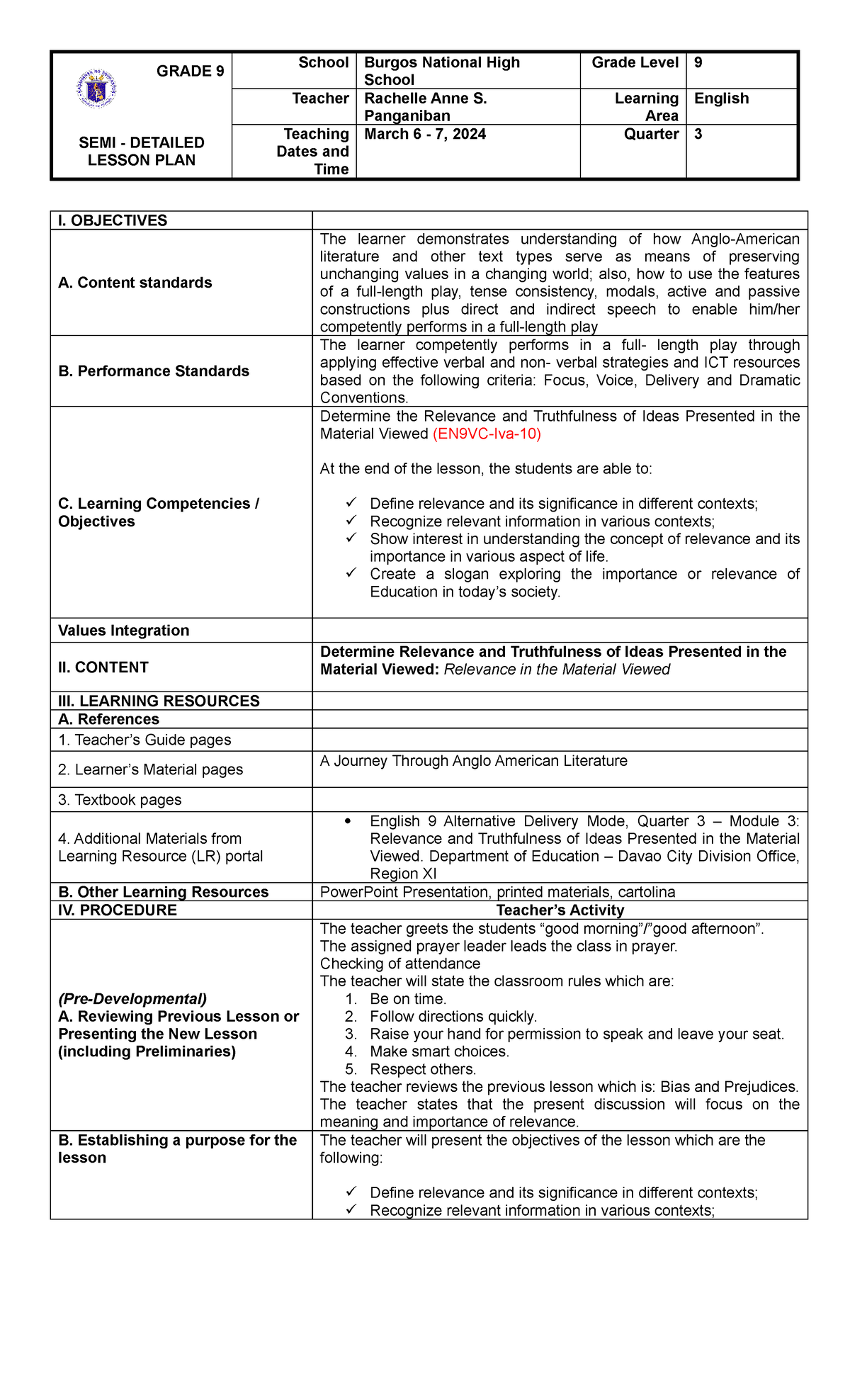 LP-Relevance - GRADE 9 School Burgos National High School Grade Level 9 ...