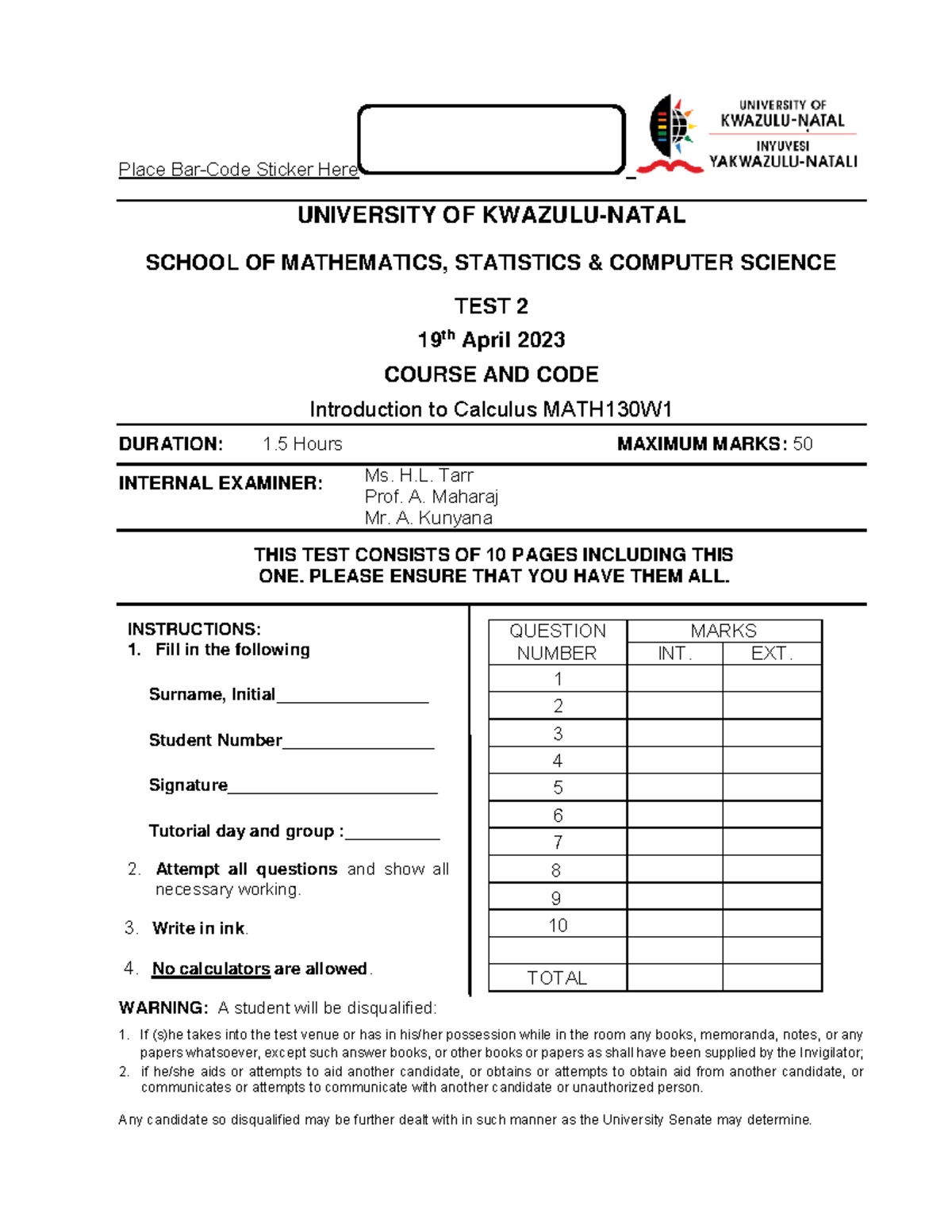 Math130W1 2023 Class Test 2 Solutions - Place Bar-Code Sticker Here ...
