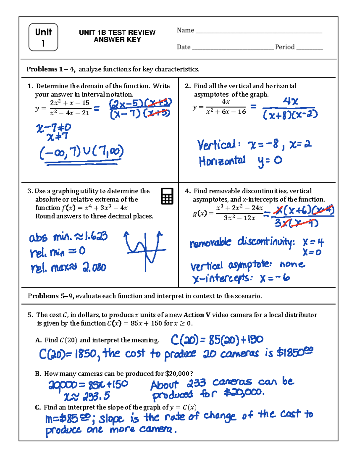 UNIT 1B TEST Review KEY - .... - Unit 1 End Unit Test Review 1 – 1 ...