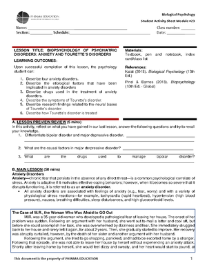 SAS Module 22 Biopsychology OF Psychiatric Disorders MOOD Disorders - Student Activity Sheet ...