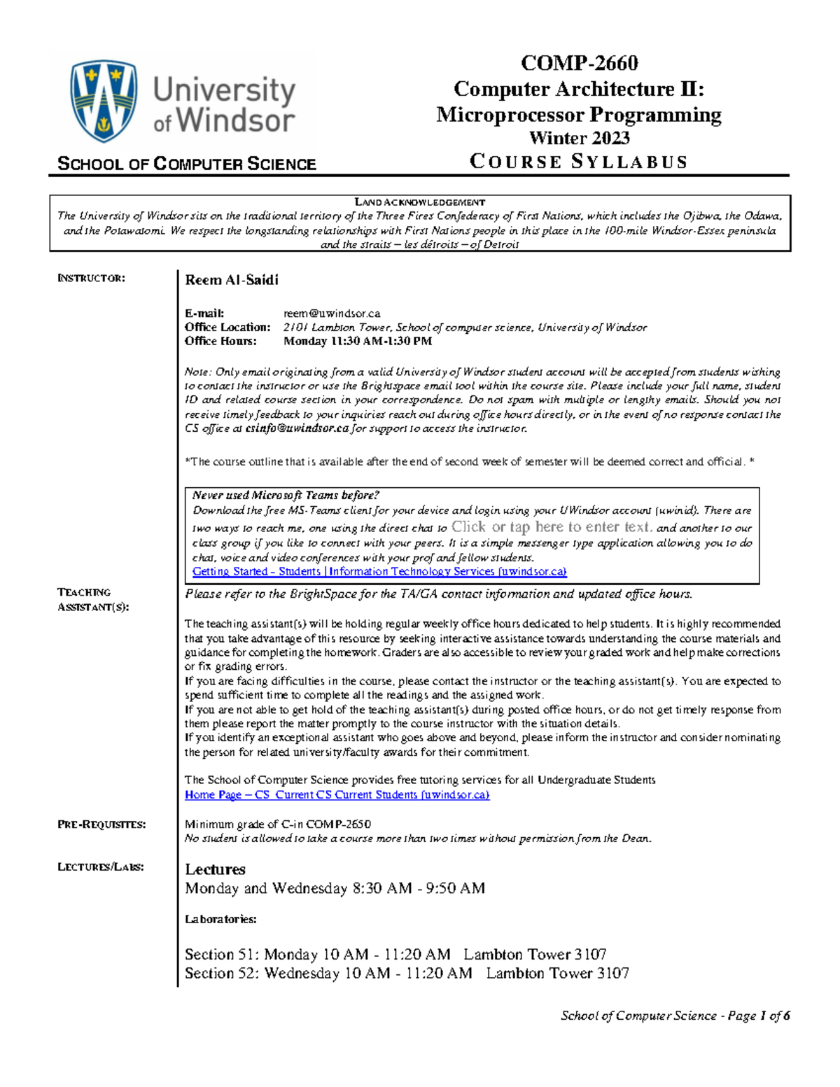 COMP-2660 Outline Winter W2023 - SCHOOL OF COMPUTER SCIENCE COMP- Computer Architecture II ...