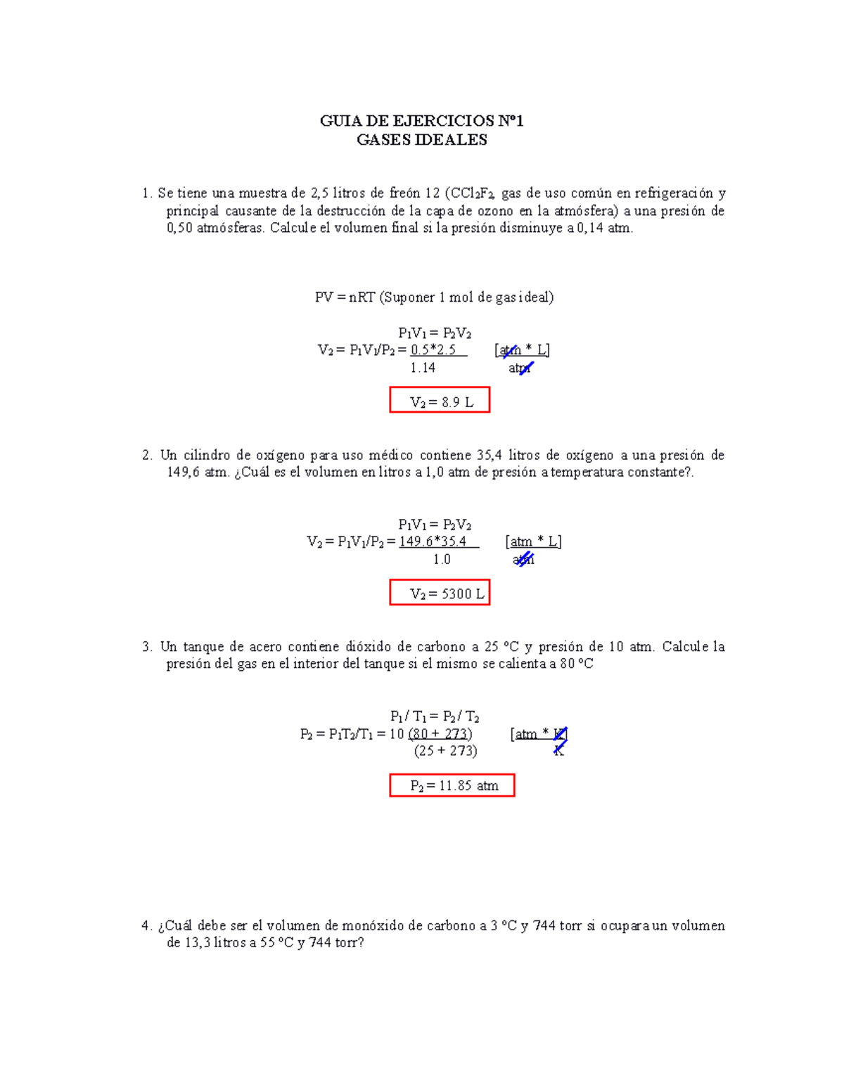Solución Guía 1. Gases ideales - GUIA DE EJERCICIOS Nº GASES IDEALES Se ...