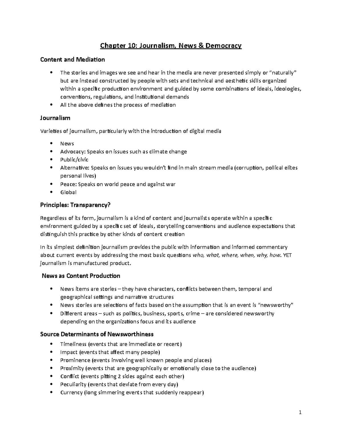 CMST Ch10 Notes - Chapter 10: Journalism, News & Democracy Content and ...