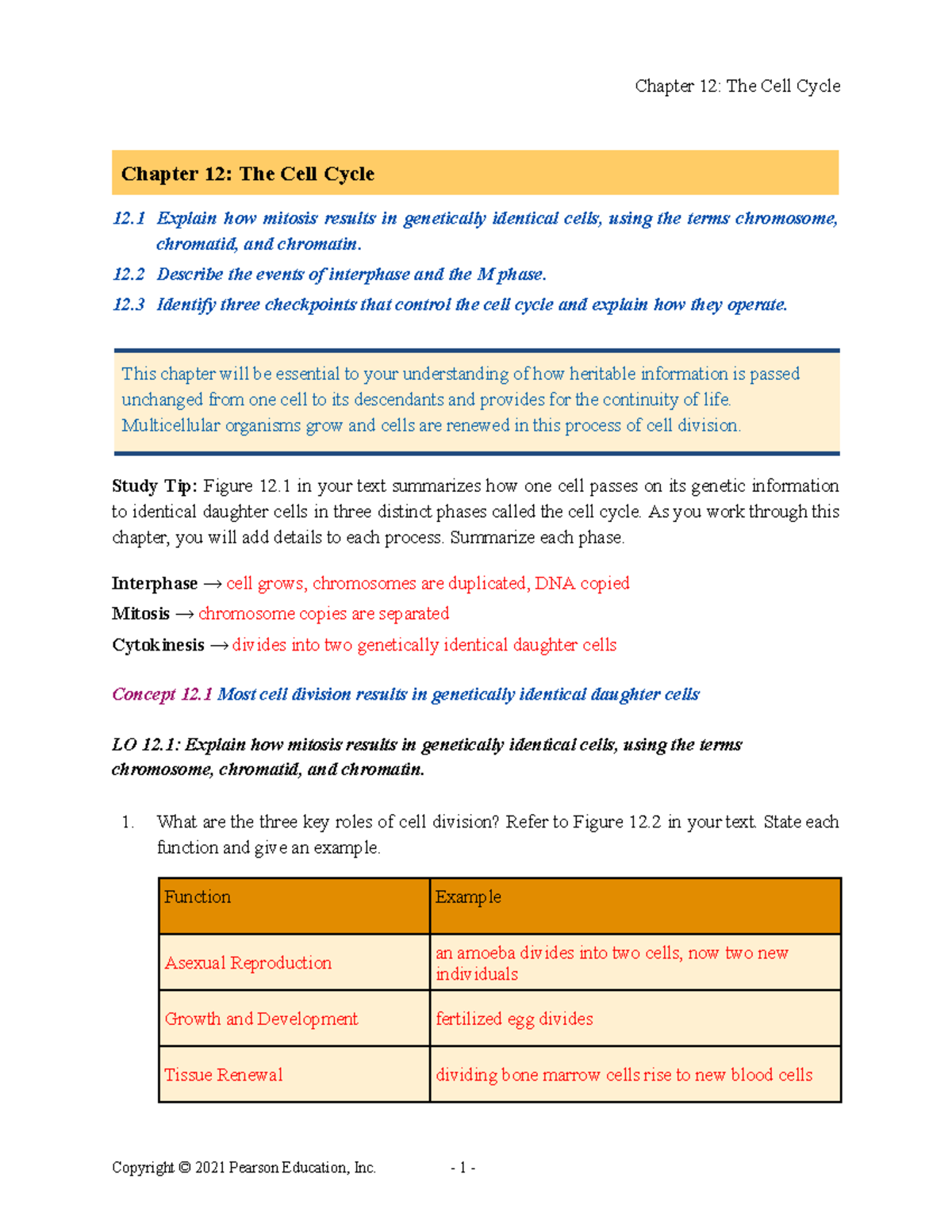 Bio12 ARG 12 - LO 12.1: Explain how mitosis results in genetically identical cells, using the ...