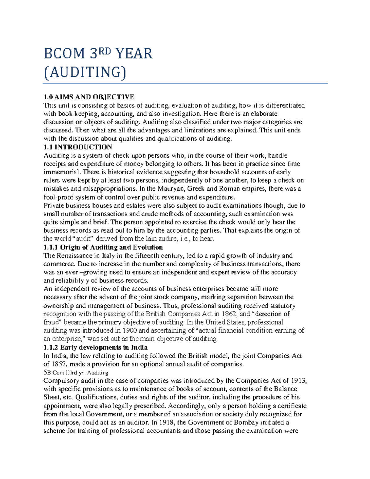Bcom 3rd Year Auditing Unit 1 Bcom 3 Rd Year Auditing 1 Aims And Objective This Unit Is