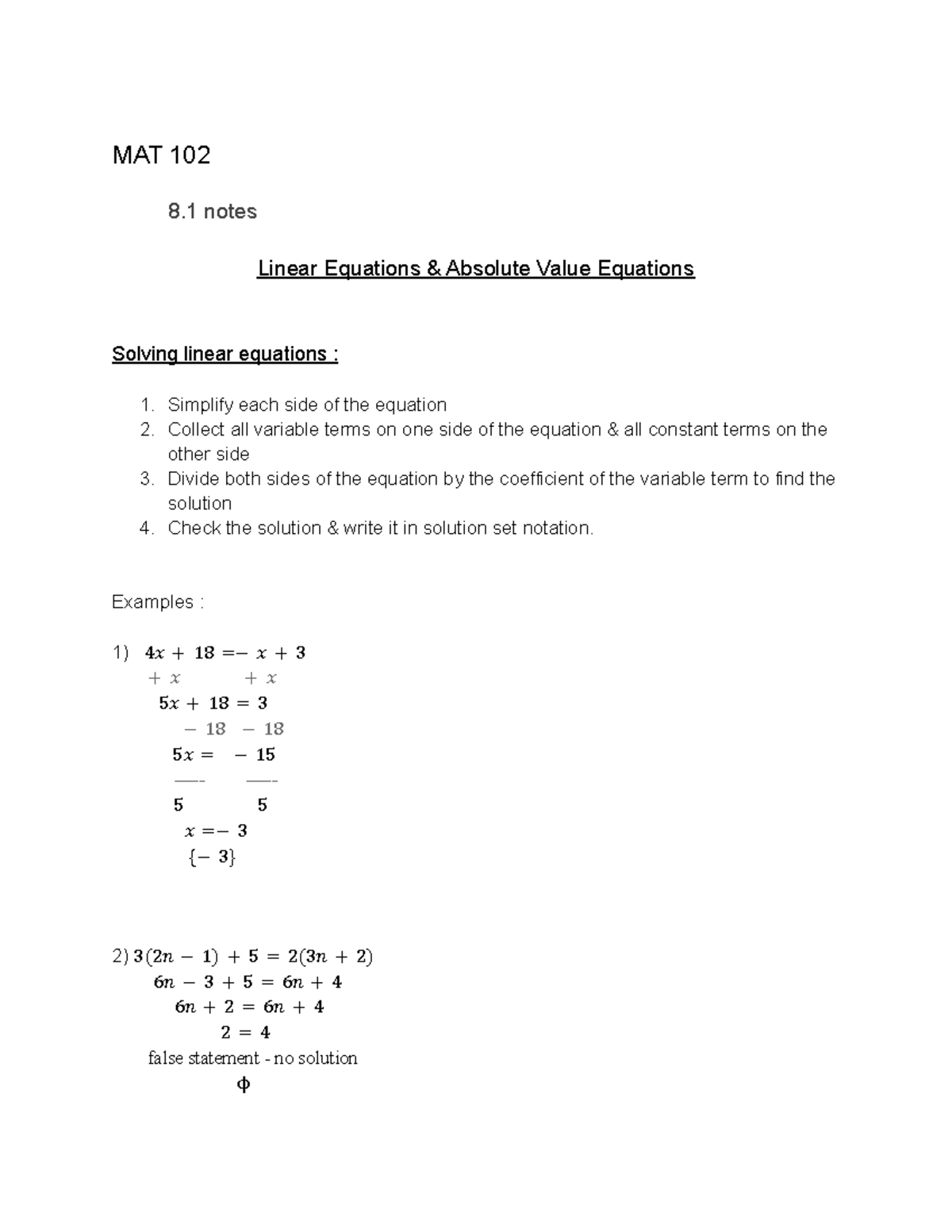 MAT 102 8 1 Notes MAT 102 8 Notes Linear Equations Absolute Value