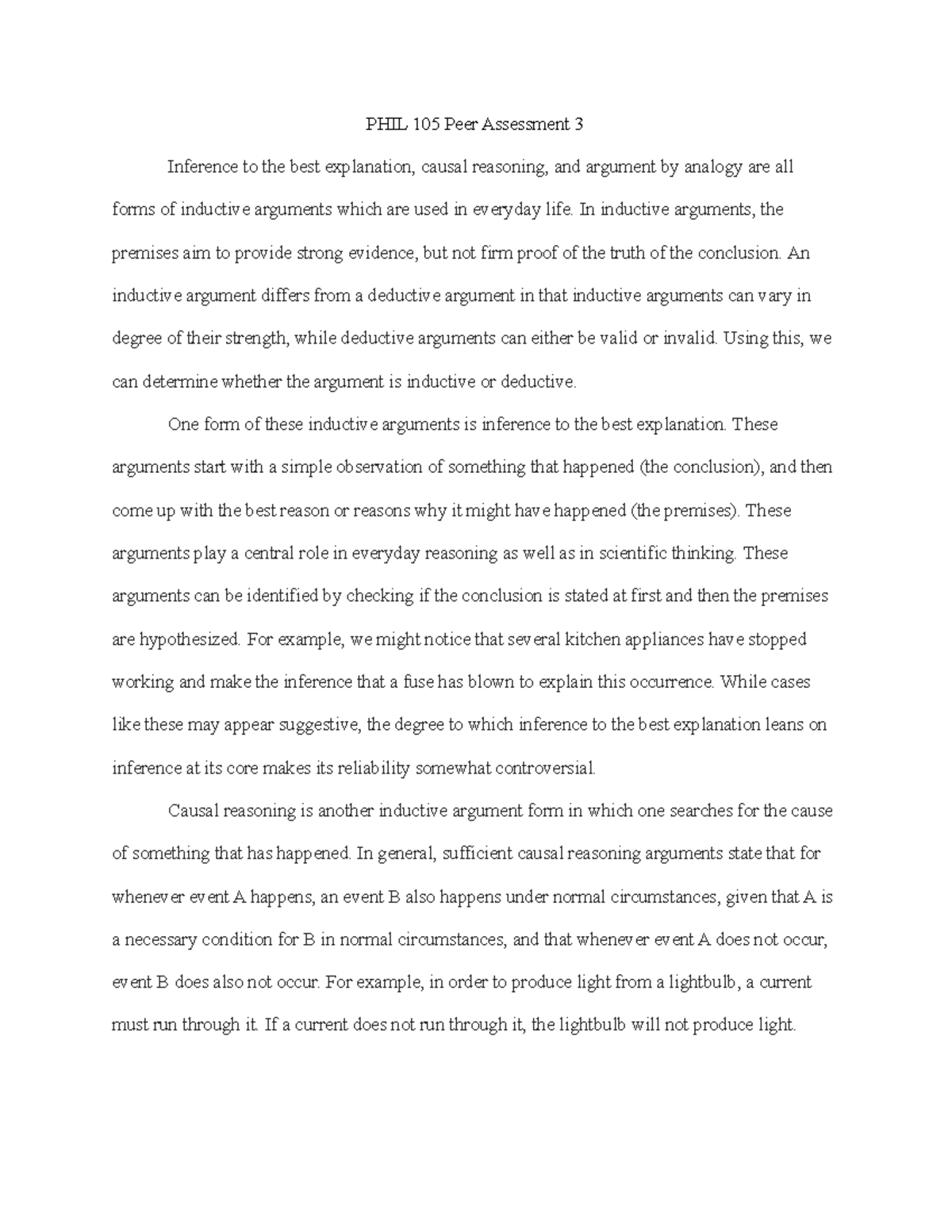 PHIL 105 Peer Assessment 3 - PHIL 105 Peer Assessment 3 Inference to ...