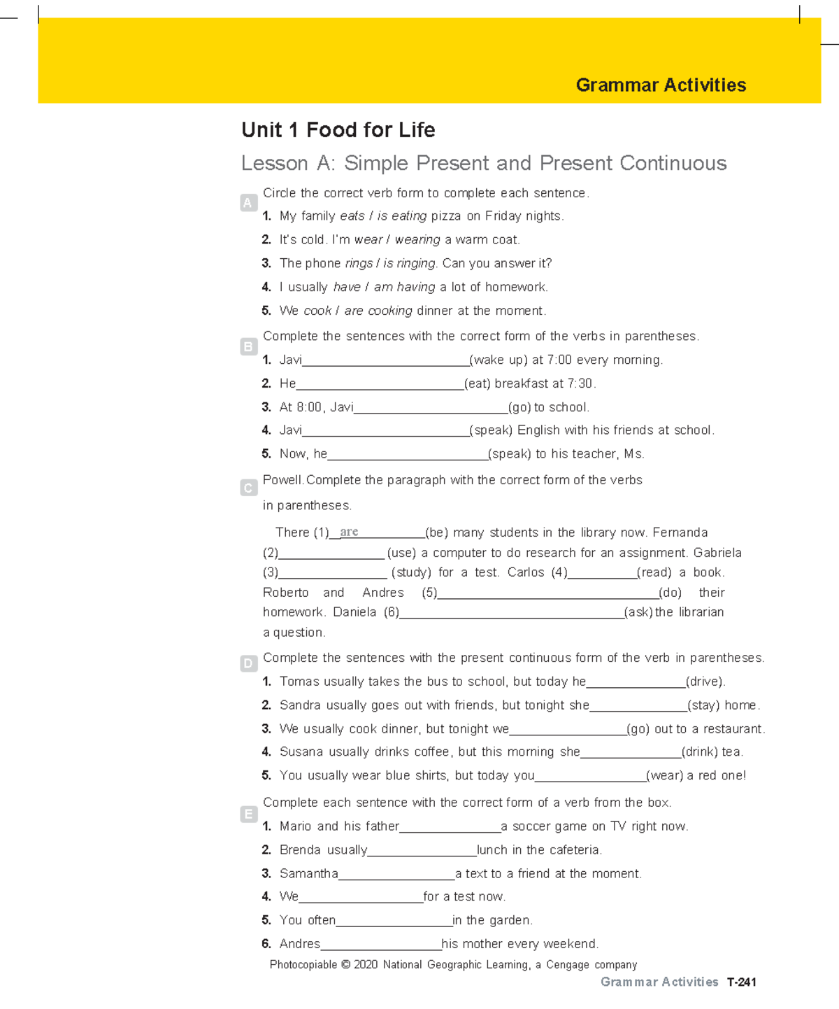 Unit 1 - DFSZD - Grammar Activities Unit 1 Food for Life Lesson A ...