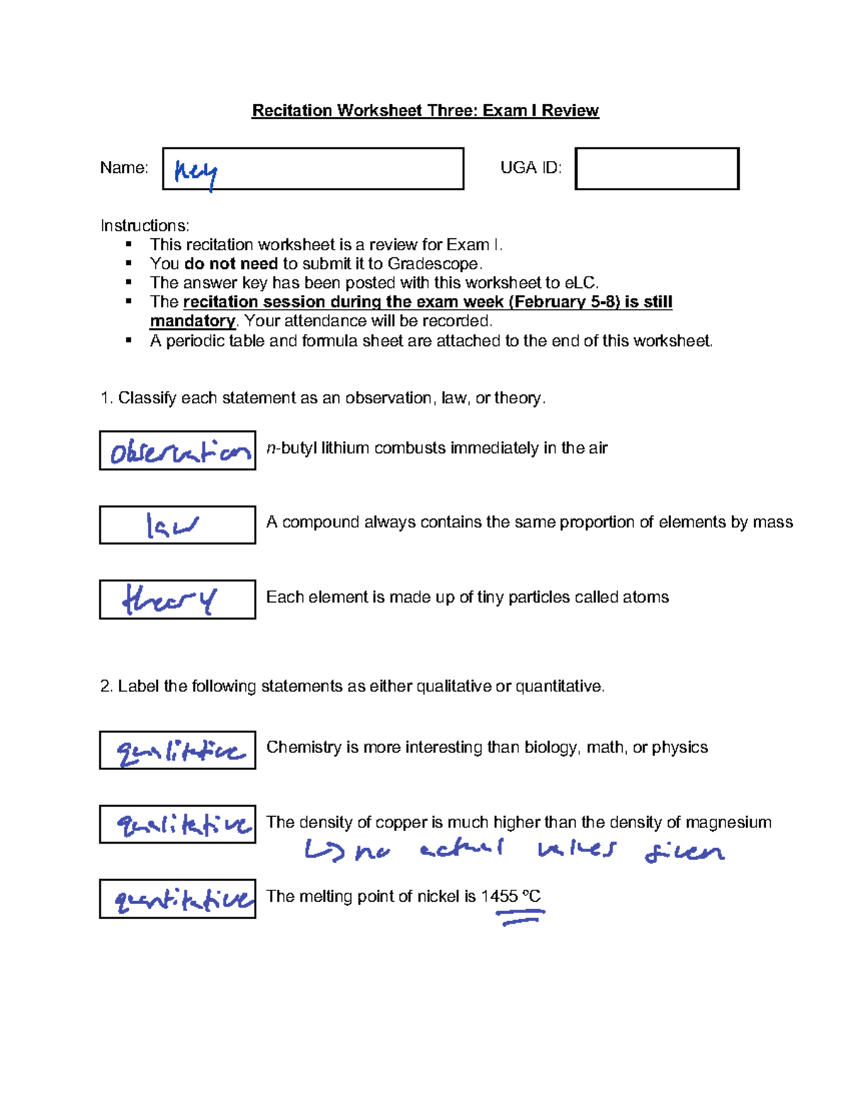 Recitation Worksheet Three (Exam I Review) - Key[96] - Recitation ...