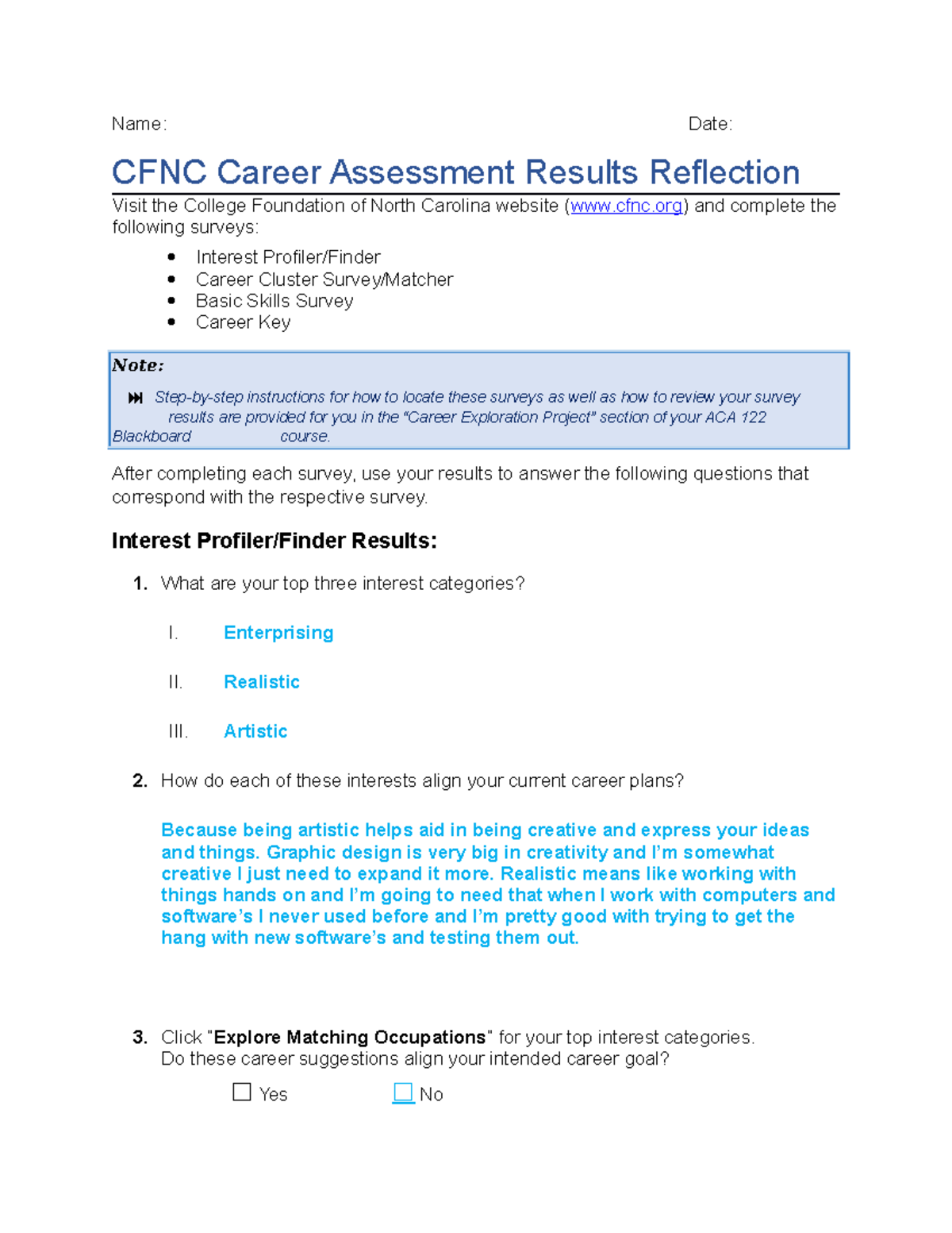 CFNC Career Assessment Results Reflection - Name: Date: CFNC Career ...