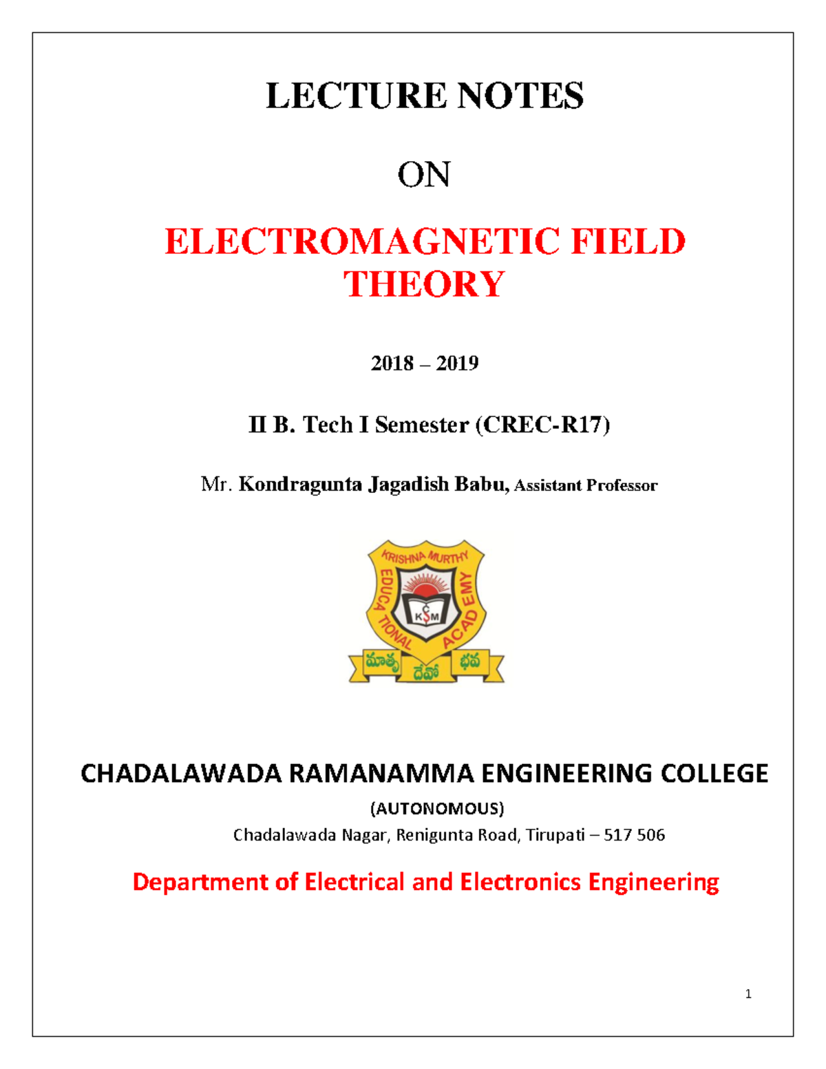 Electromagnetic Theory Notes Geektonight - LECTURE NOTES ON ...