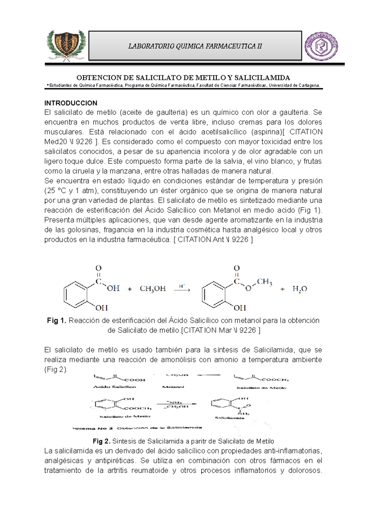 Obtencion DE Salicilato DE Metilo Y Salicilamida - OBTENCION DE ...