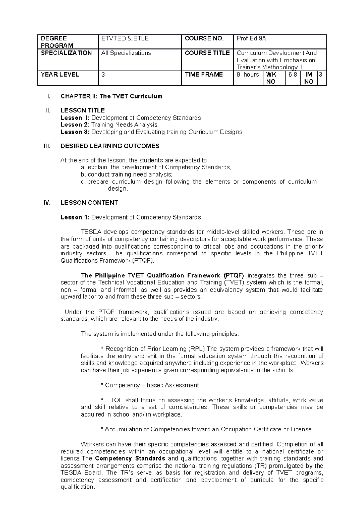 Prof Ed 9A IM No.3 - DEGREE PROGRAM BTVTED & BTLE COURSE NO. Prof Ed 9A ...